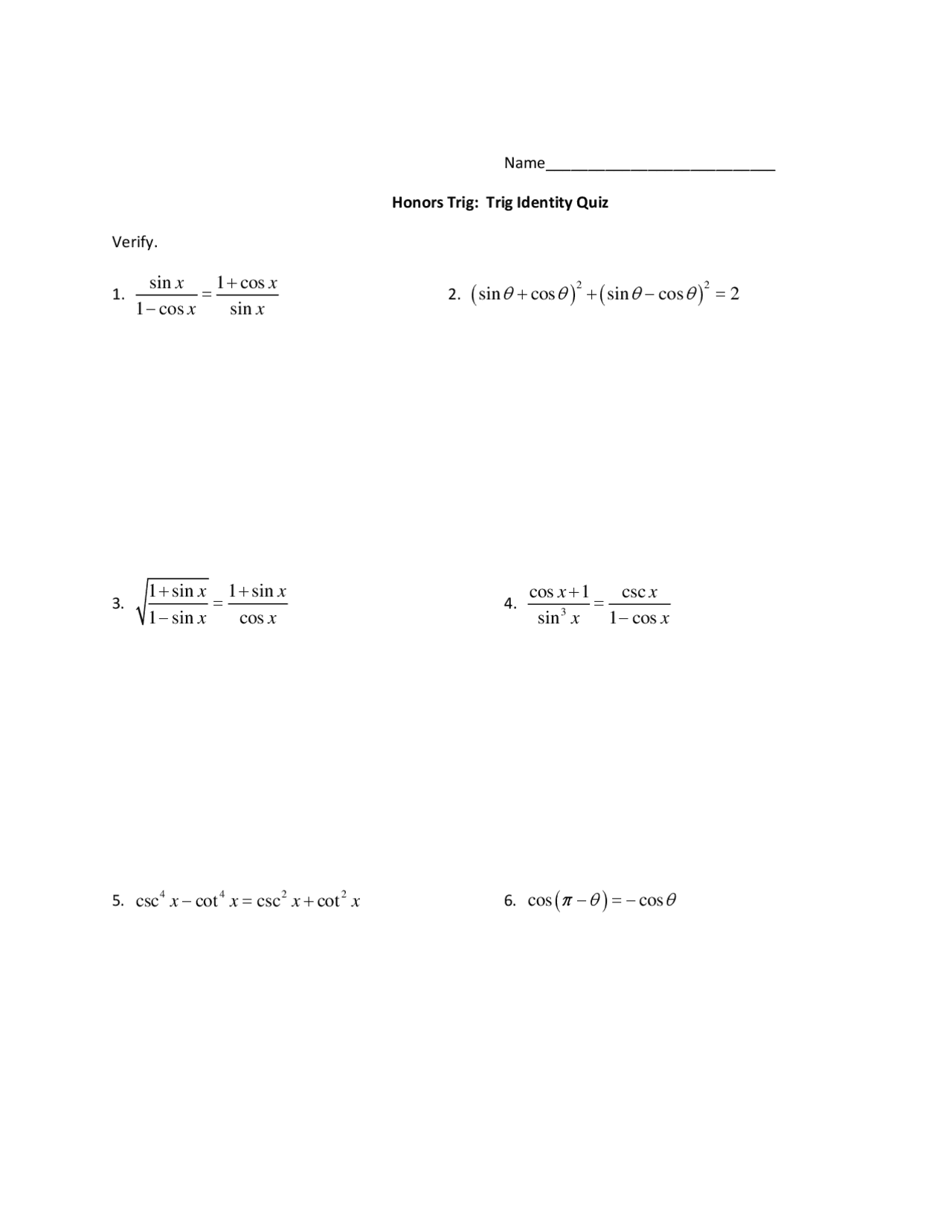 Trig Identity - Advanced Algebra - Quiz - Docsity