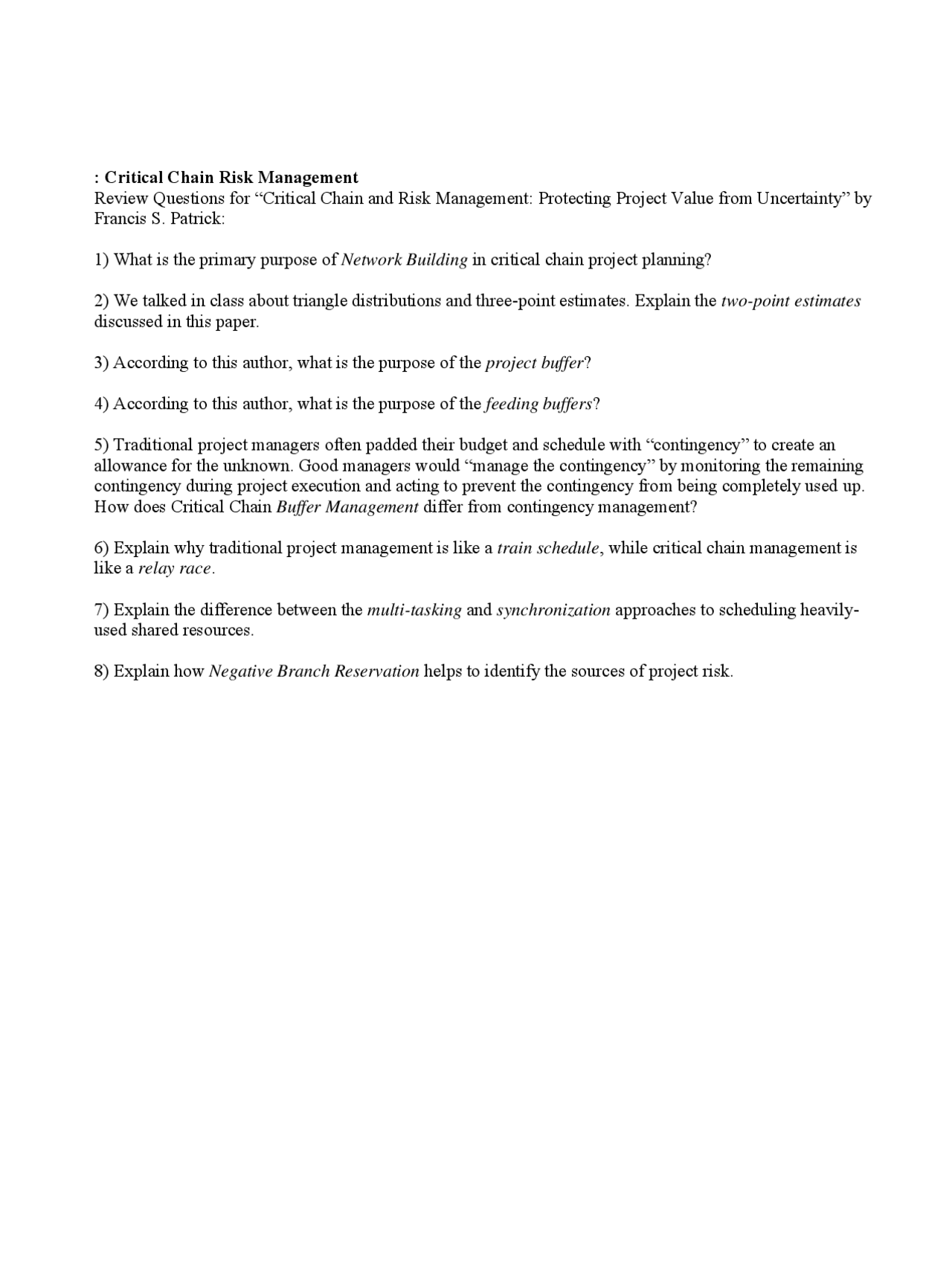 Risk Management - Advanced Project Management - Quiz - Docsity