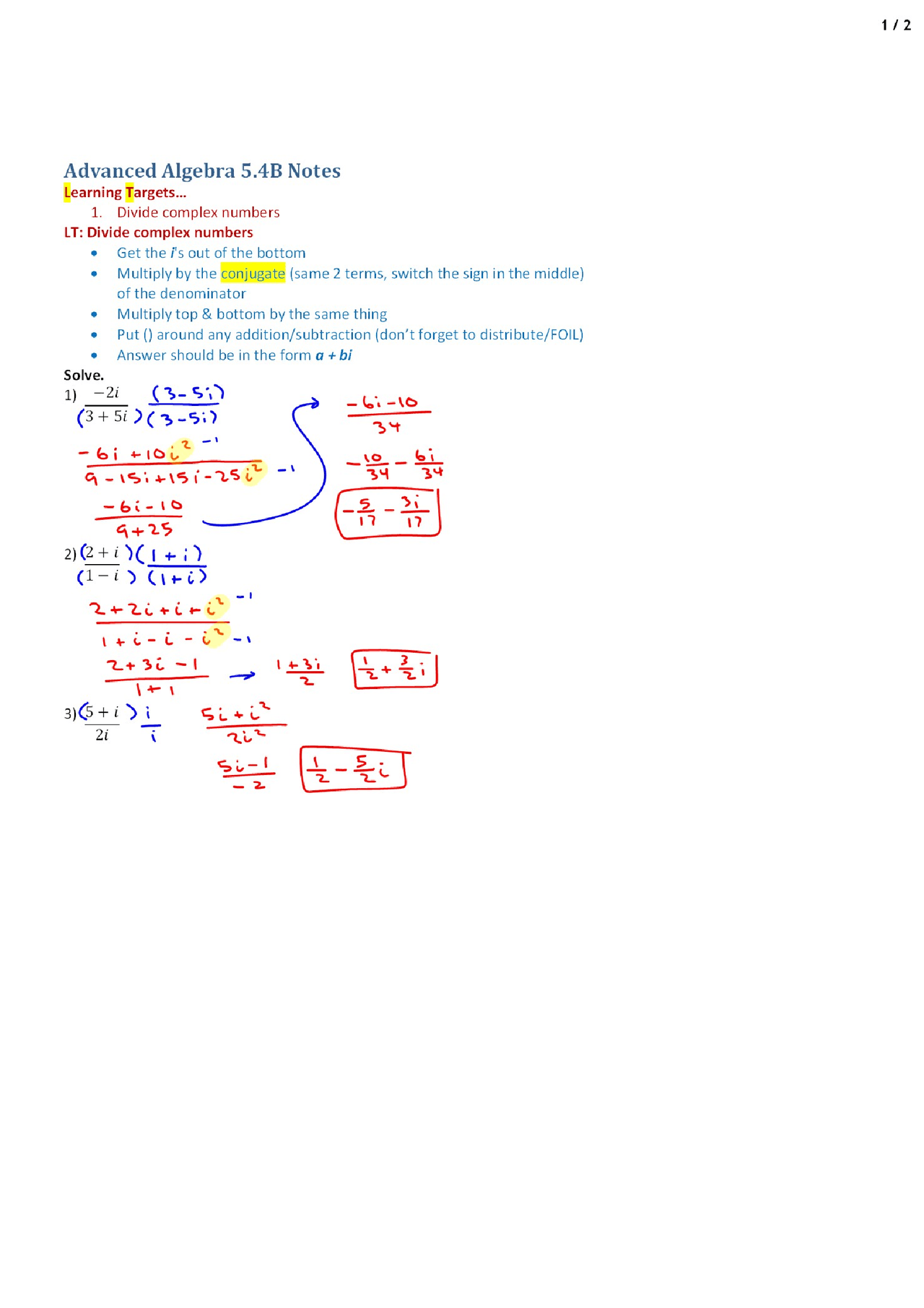 Conjugate Advanced Algebra Lecture Handout Docsity