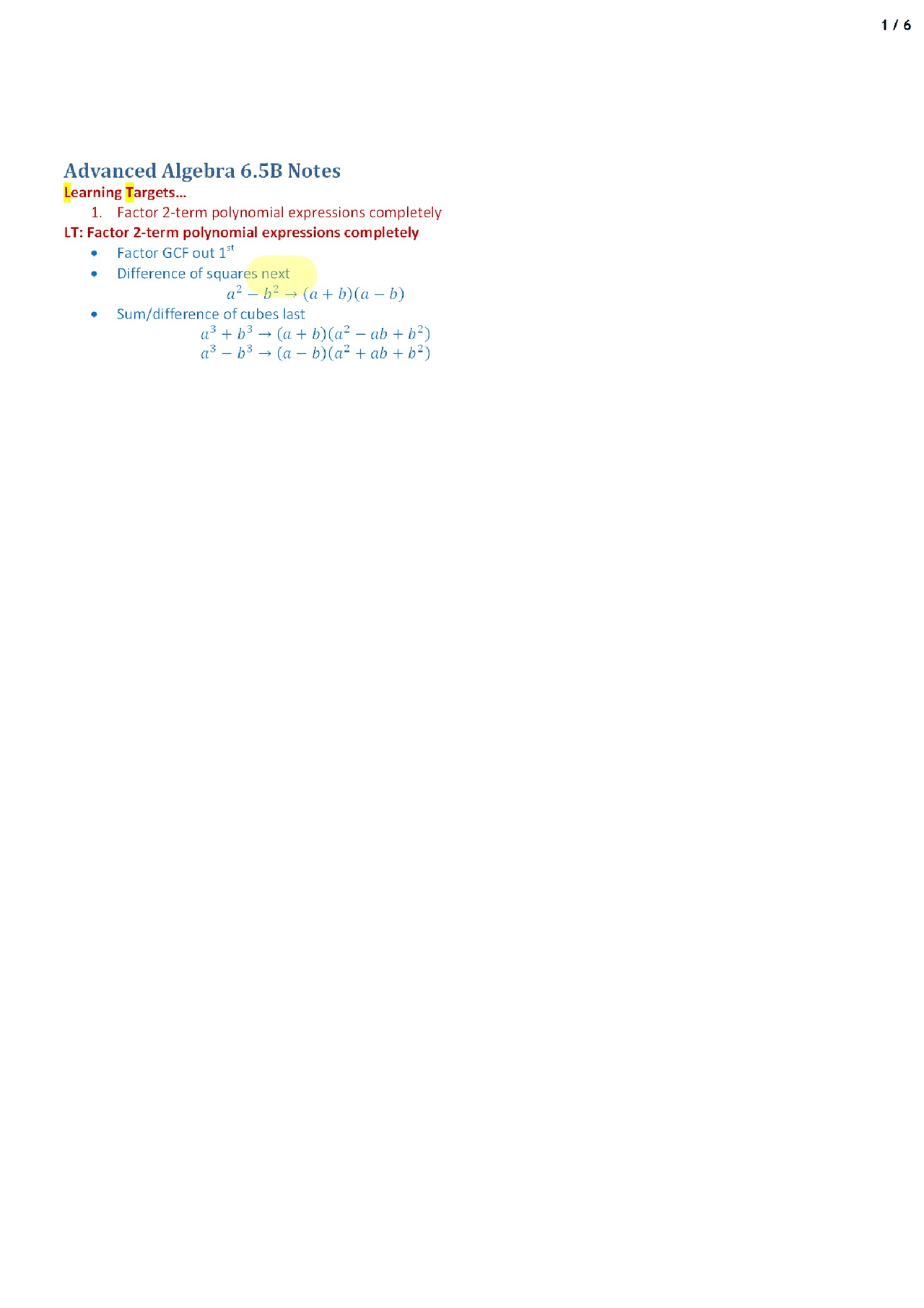 Factors Of Polynomial Expressions Advanced Algebra Lecture Handout