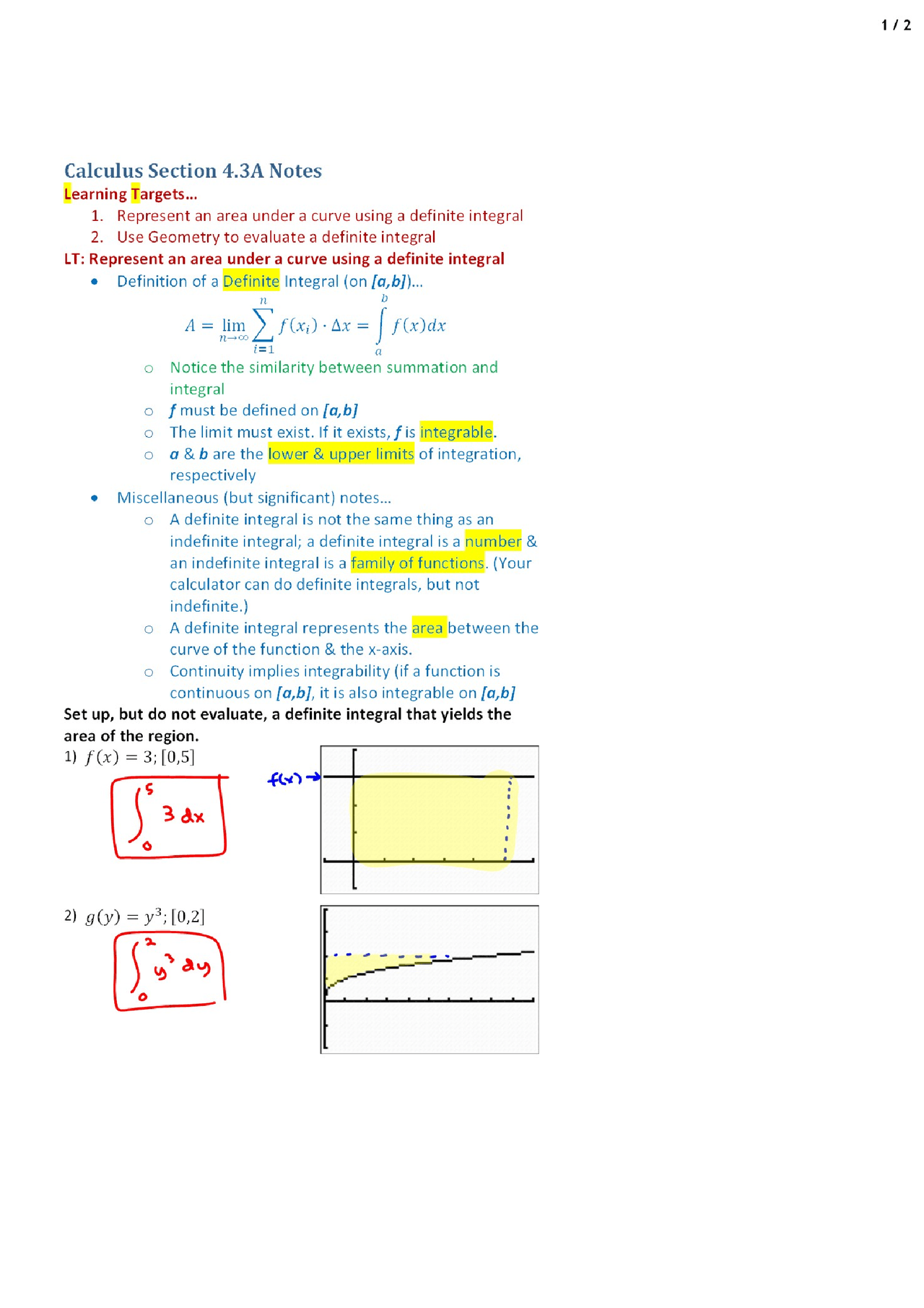 Definite Integral Ap Calculus Lecture Notes Docsity