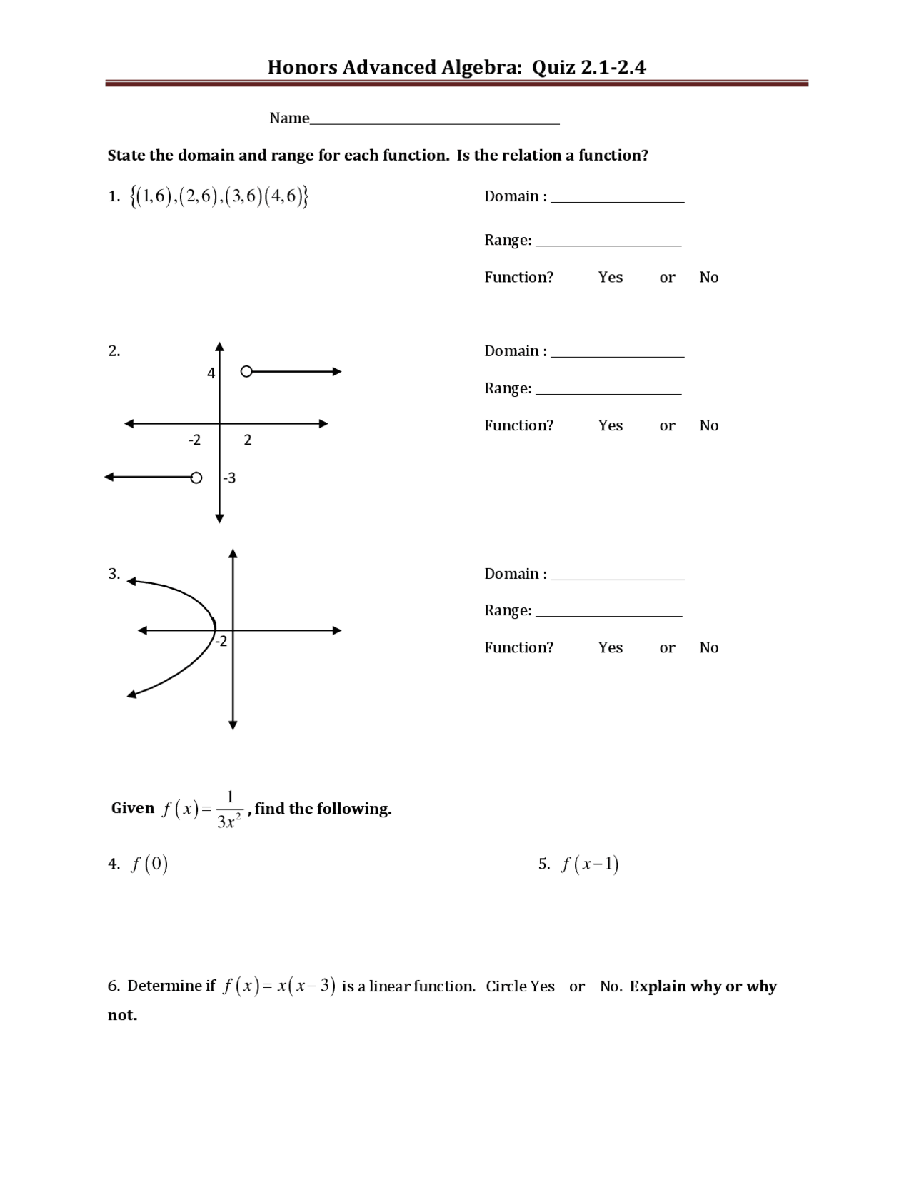 Honors Advanced Algebra: Quiz 2.1-2.4 - Function Domains, Ranges, and ...