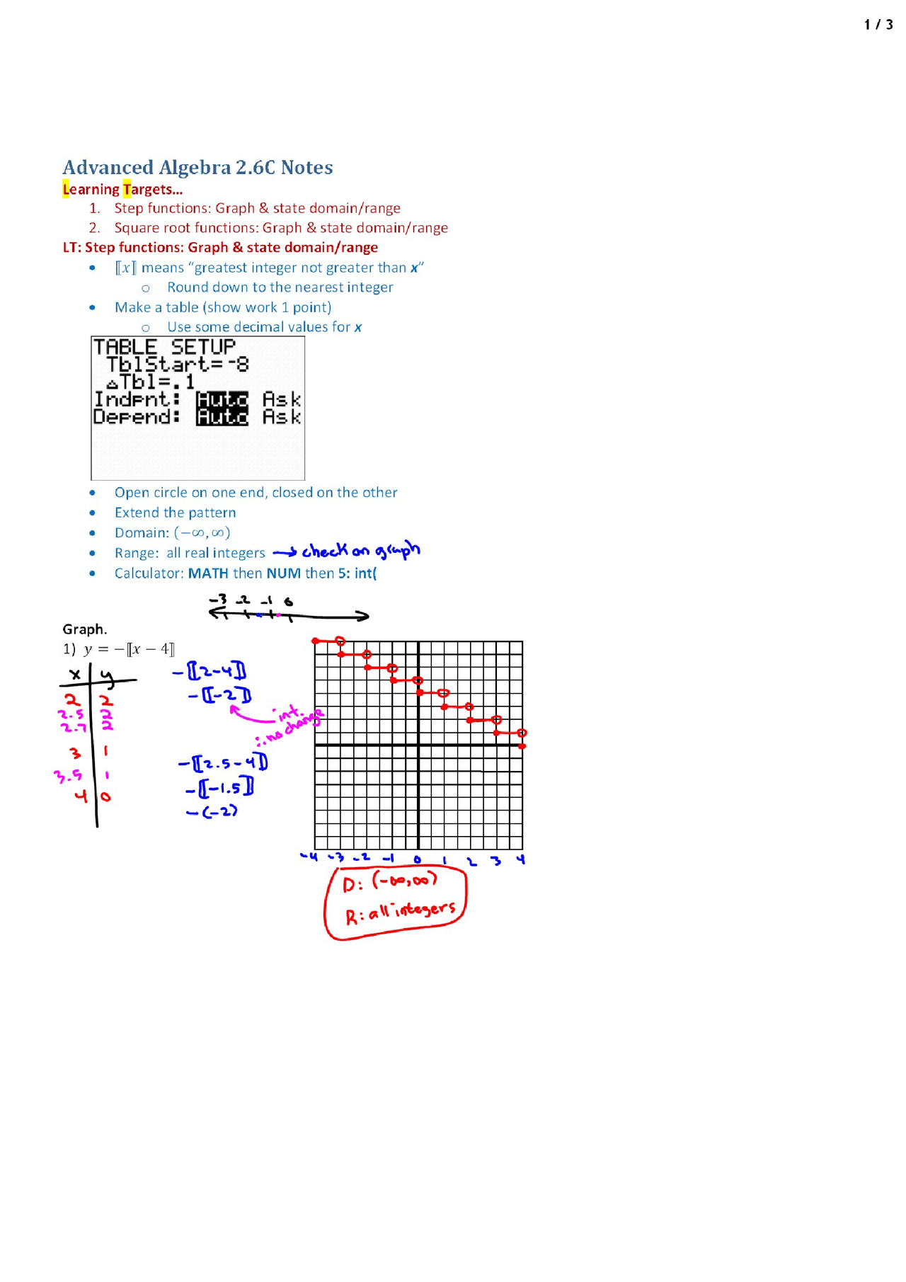 Step Functions Advanced Algebra Lecture Handout Docsity