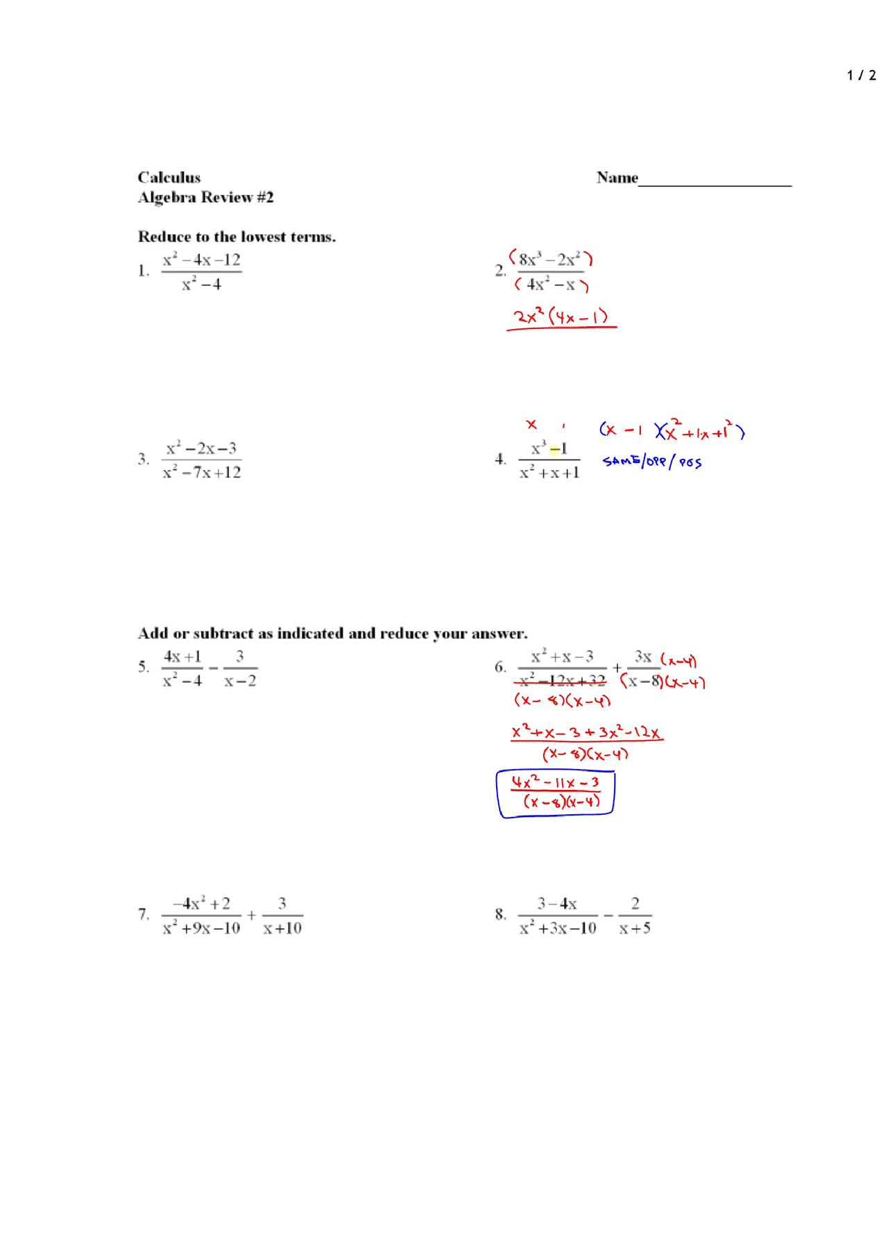 Lowest Terms Ap Calculus Practices Problems Docsity