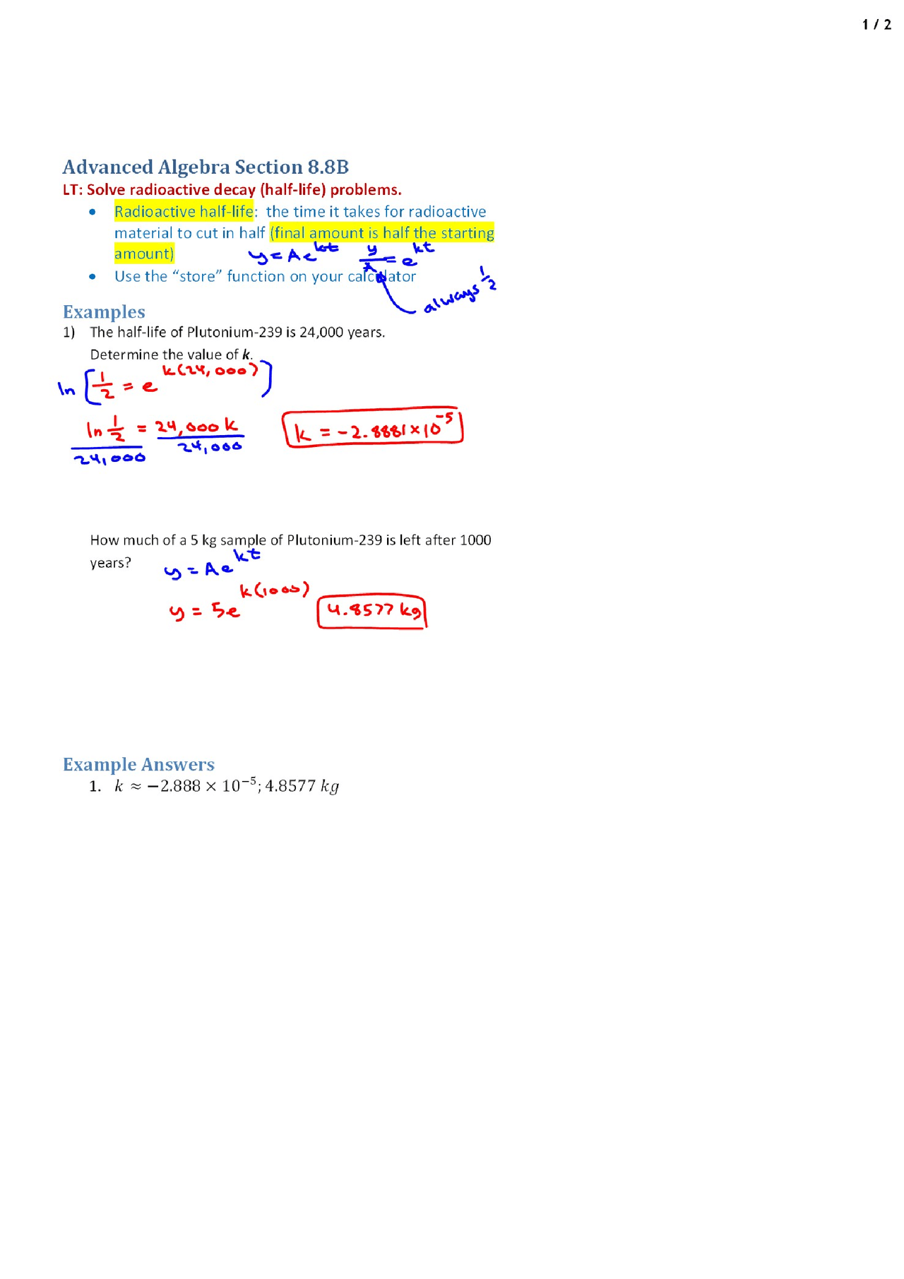 Radioactive Halflife Advanced Algebra Lecture Handout Docsity