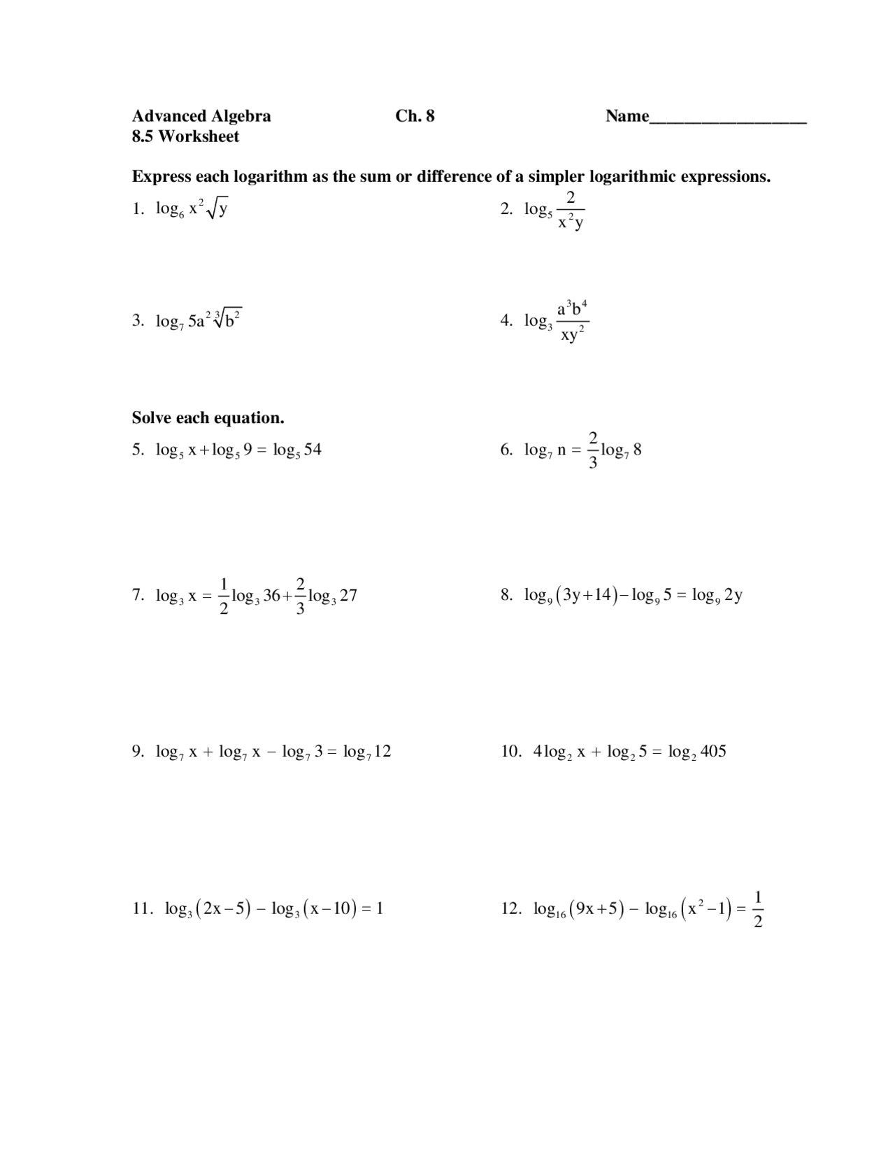 Logs and Variables - Advanced Algebra - Practice Problems | Exercises Calculus | Docsity