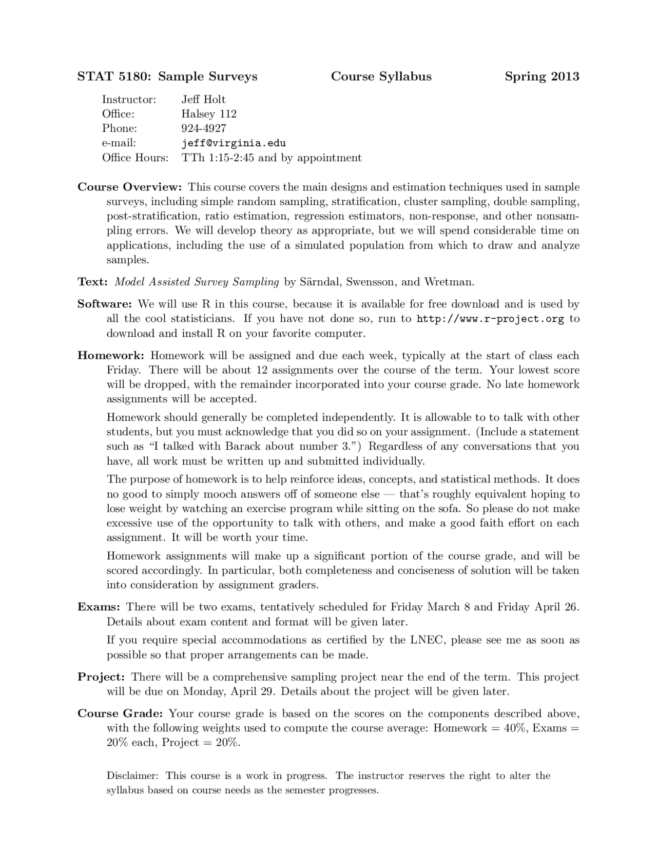 Model Assisted Survey Sampling Syllabus Stat 5180 Docsity