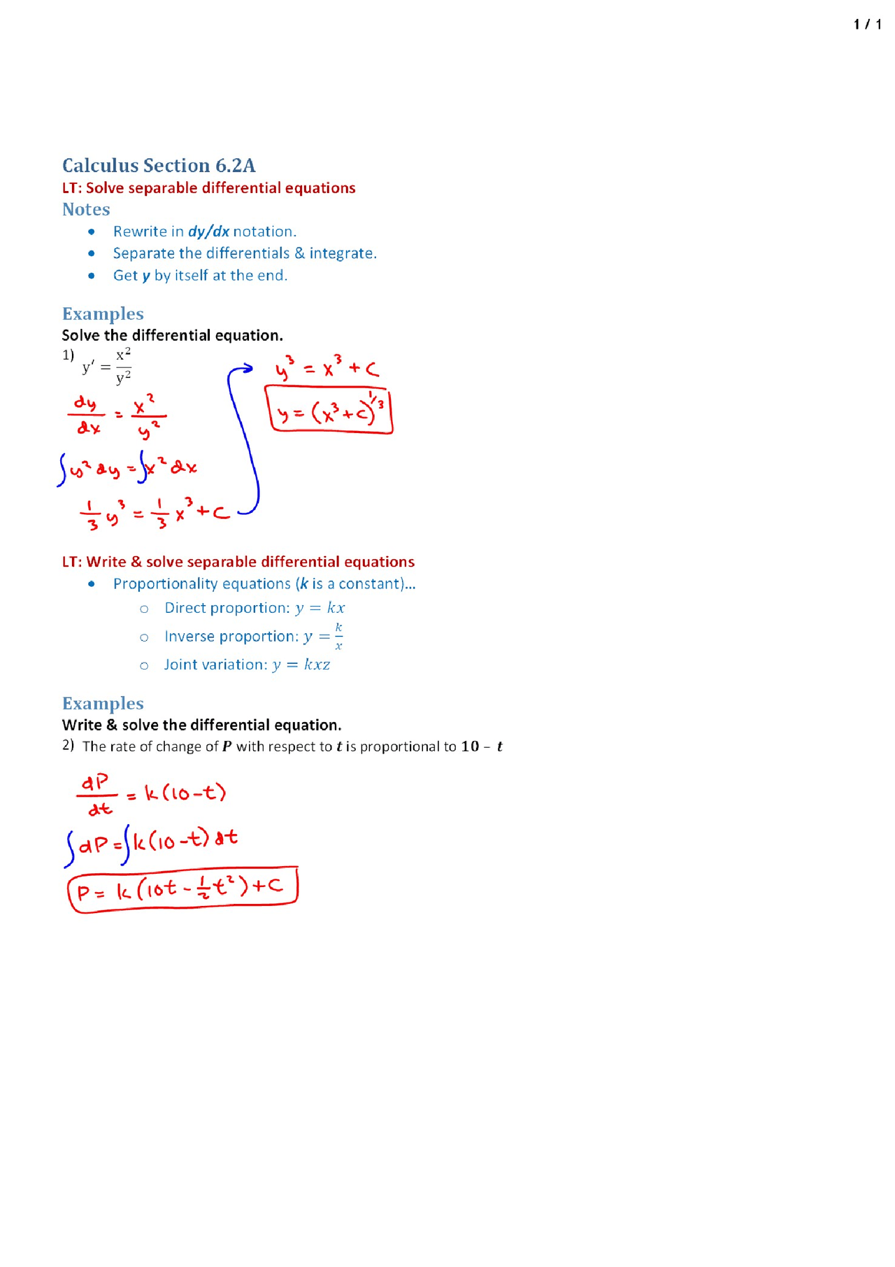 Separable Equations Ap Calculus Lecture Notes Docsity