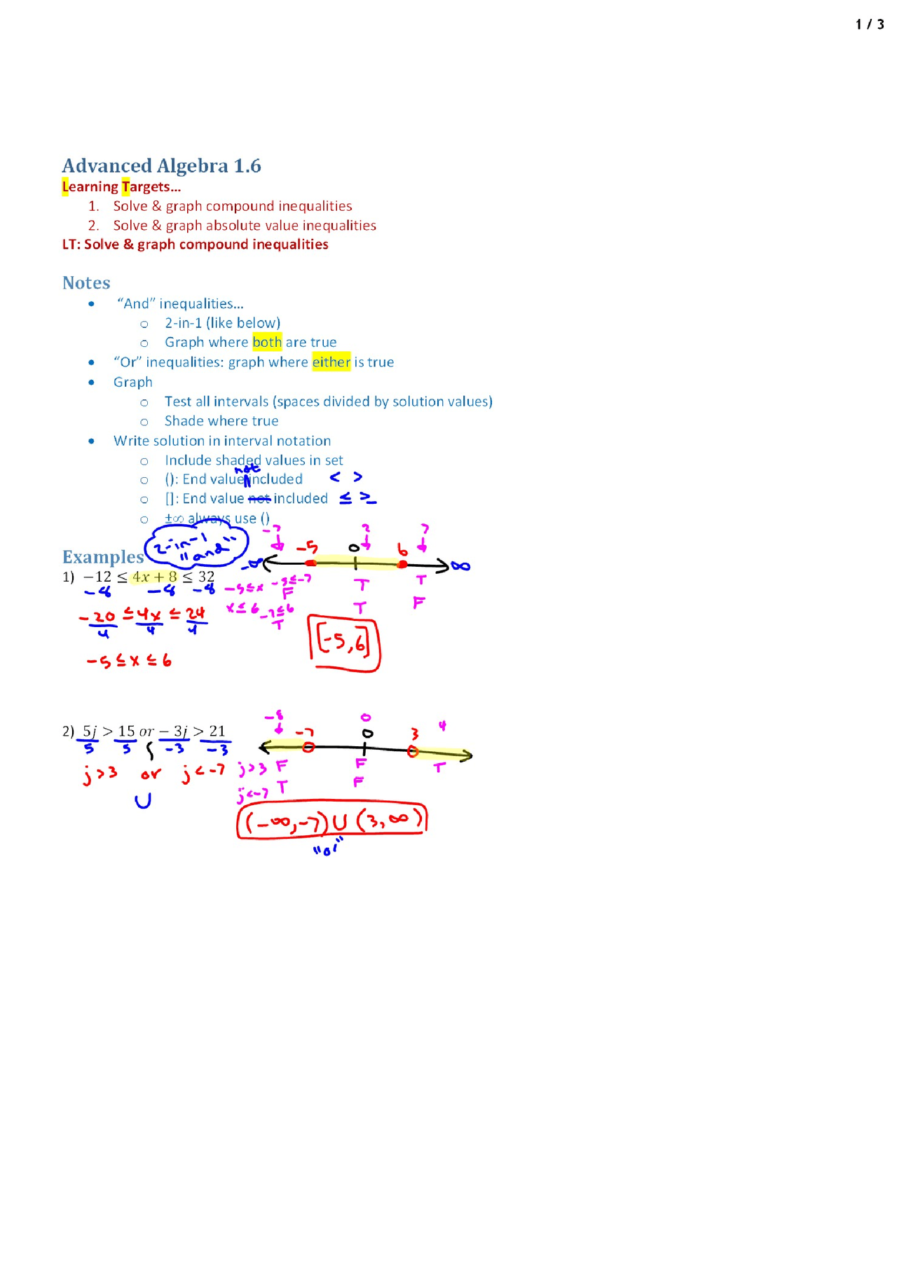 Compound Inequations Advanced Algebra Lecture Handout Docsity