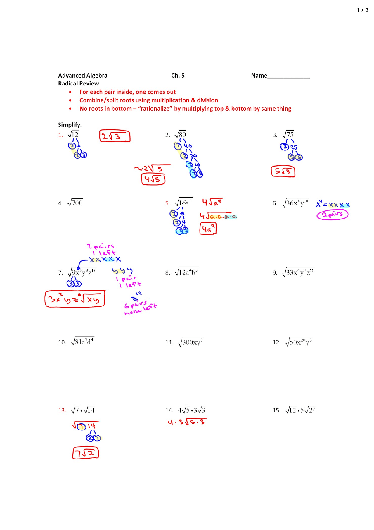 Pairs Advanced Algebra Lecture Handout Docsity