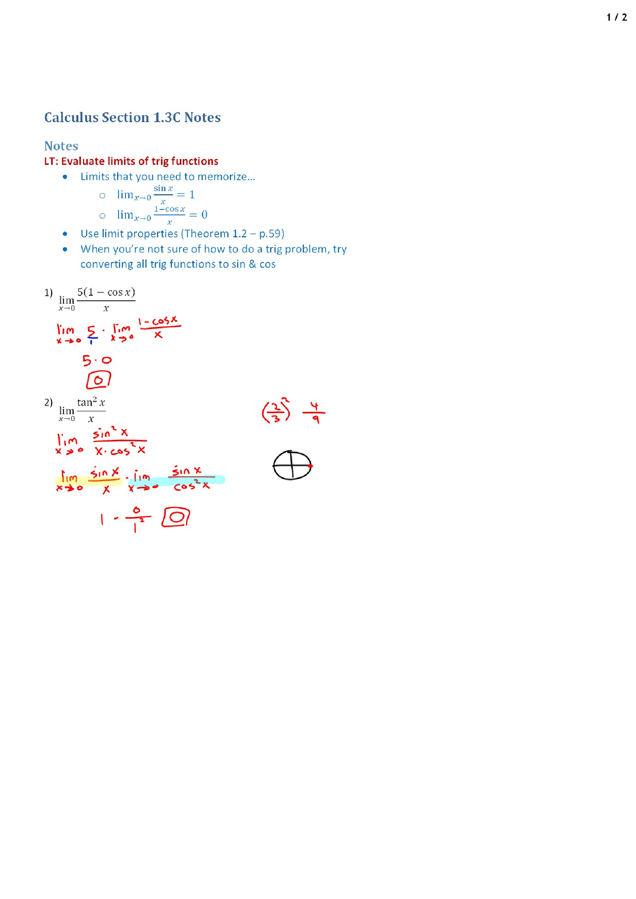 Trig Functions Ap Calculus Lecture Notes Docsity