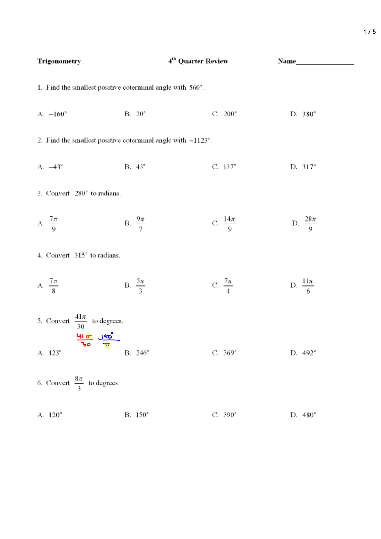 Radian Conversion Advanced Algebra Exam Docsity