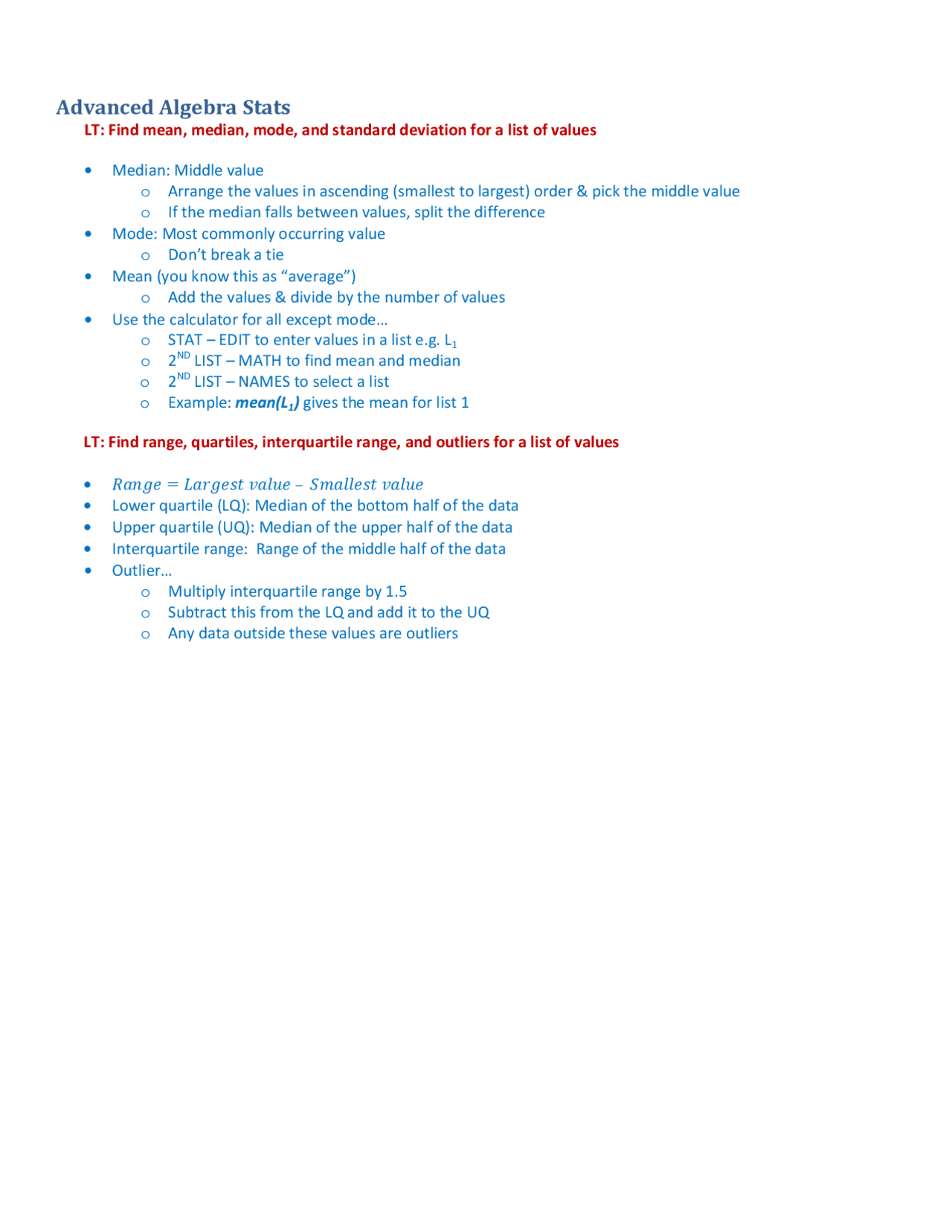 Stats Advanced Algebra Lecture Handout Docsity