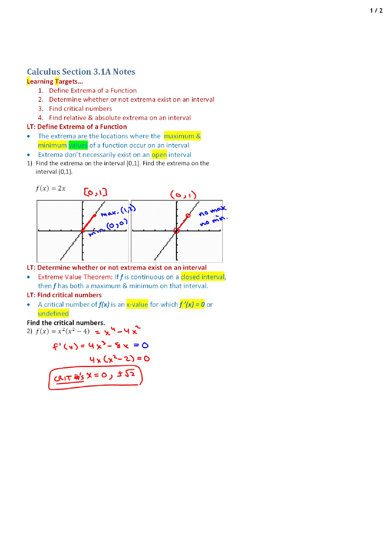 Extrema Of A Function Ap Calculus Lecture Notes Docsity