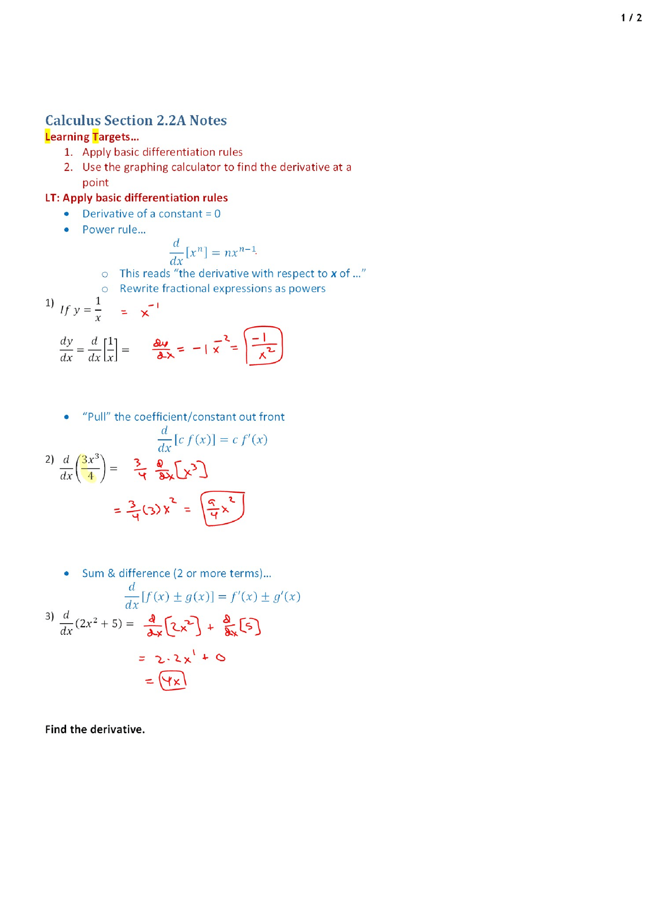 Rules Of Differentiation Ap Calculus Lecture Notes Docsity