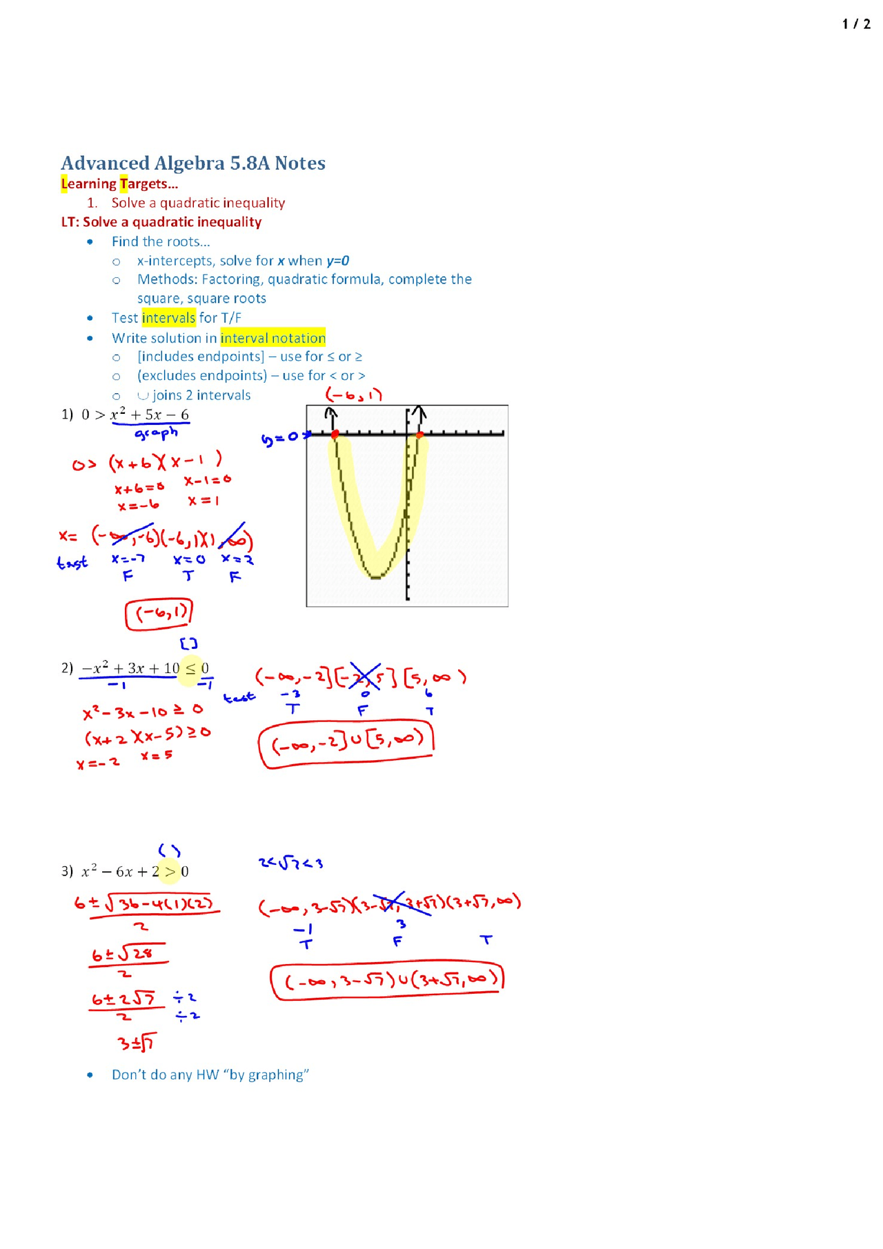 Interval Notation - Advanced Algebra - Lecture Handout - Docsity