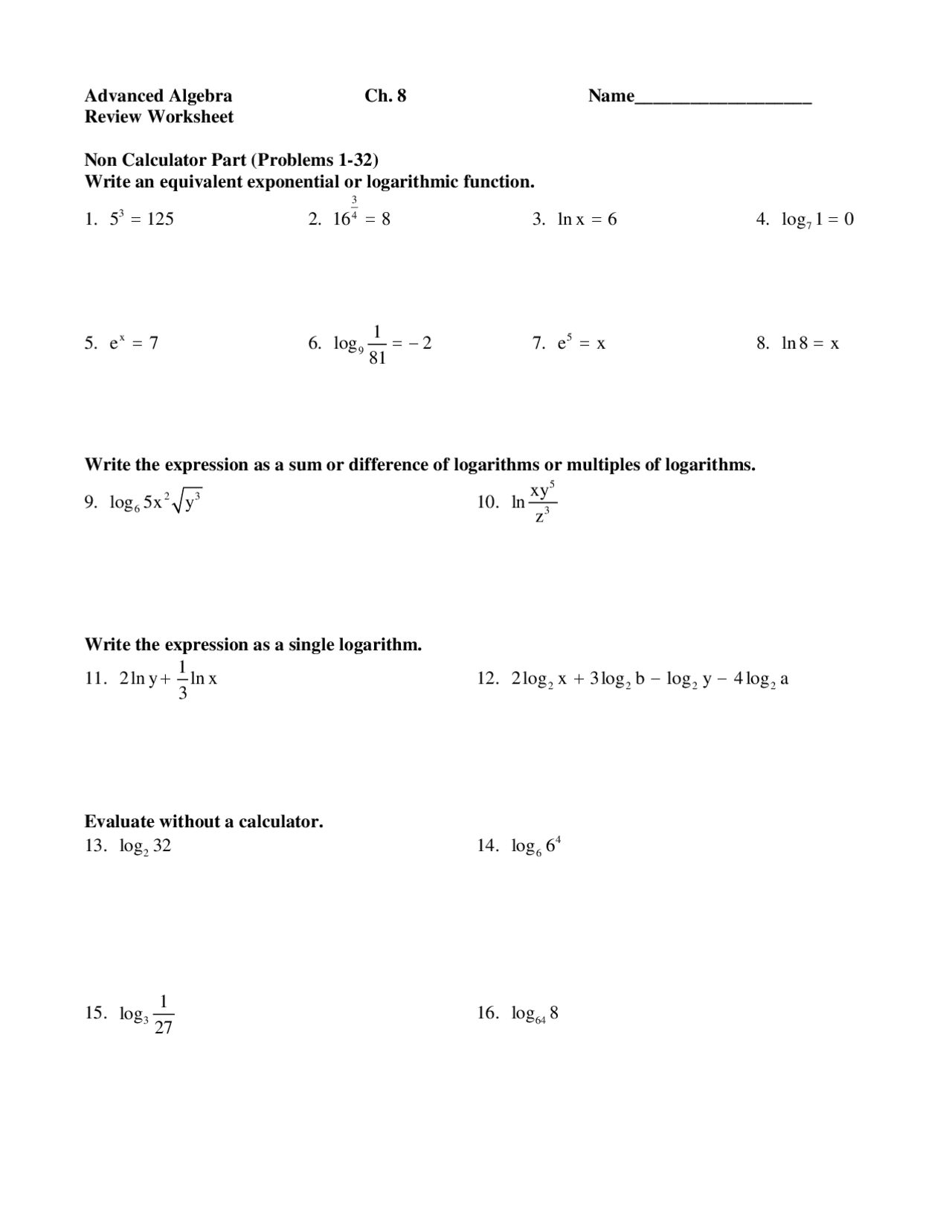 Equivalent Exponential Advanced Algebra Practice Problems Docsity