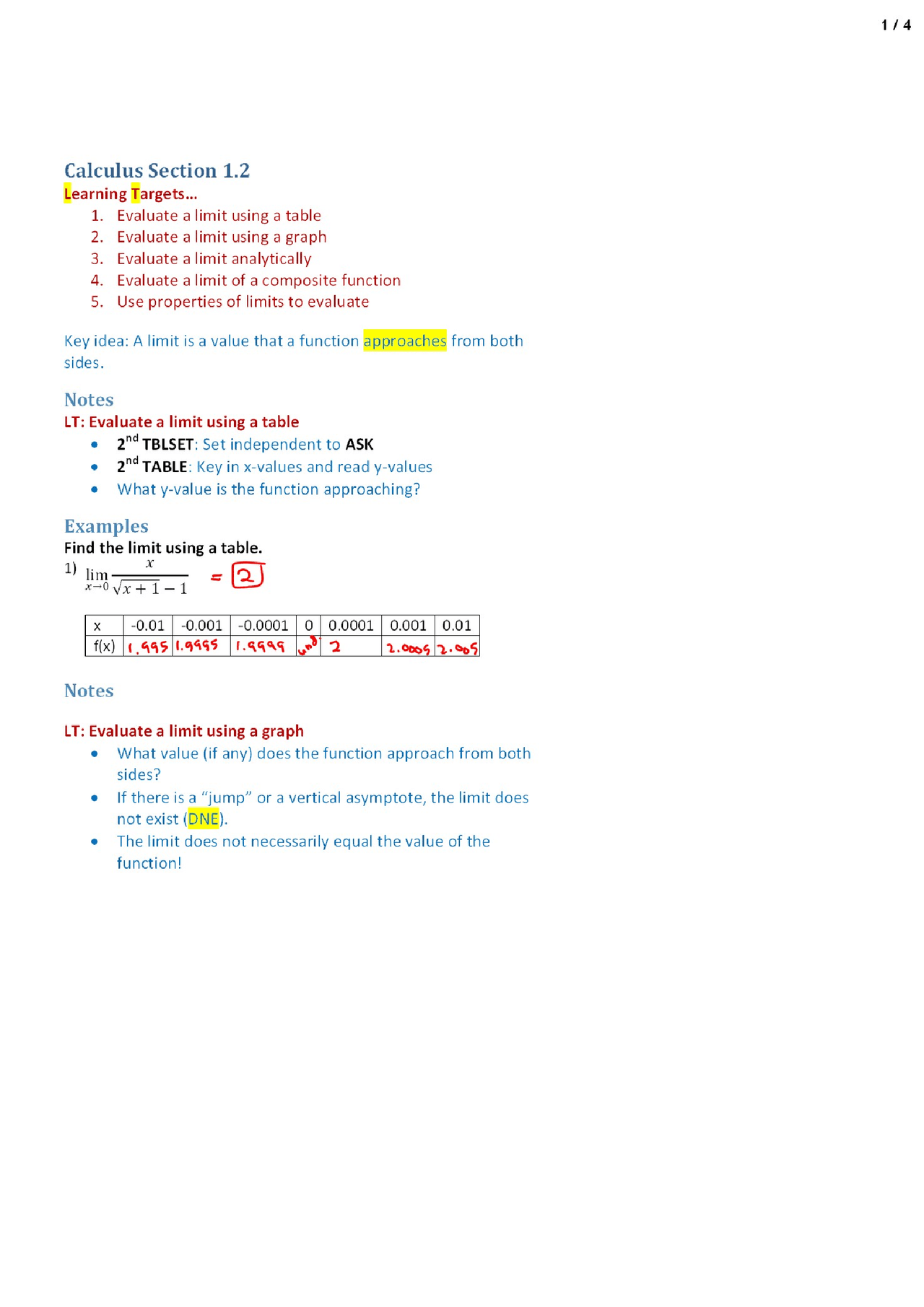 Limits Via Table Ap Calculus Lecture Notes Docsity