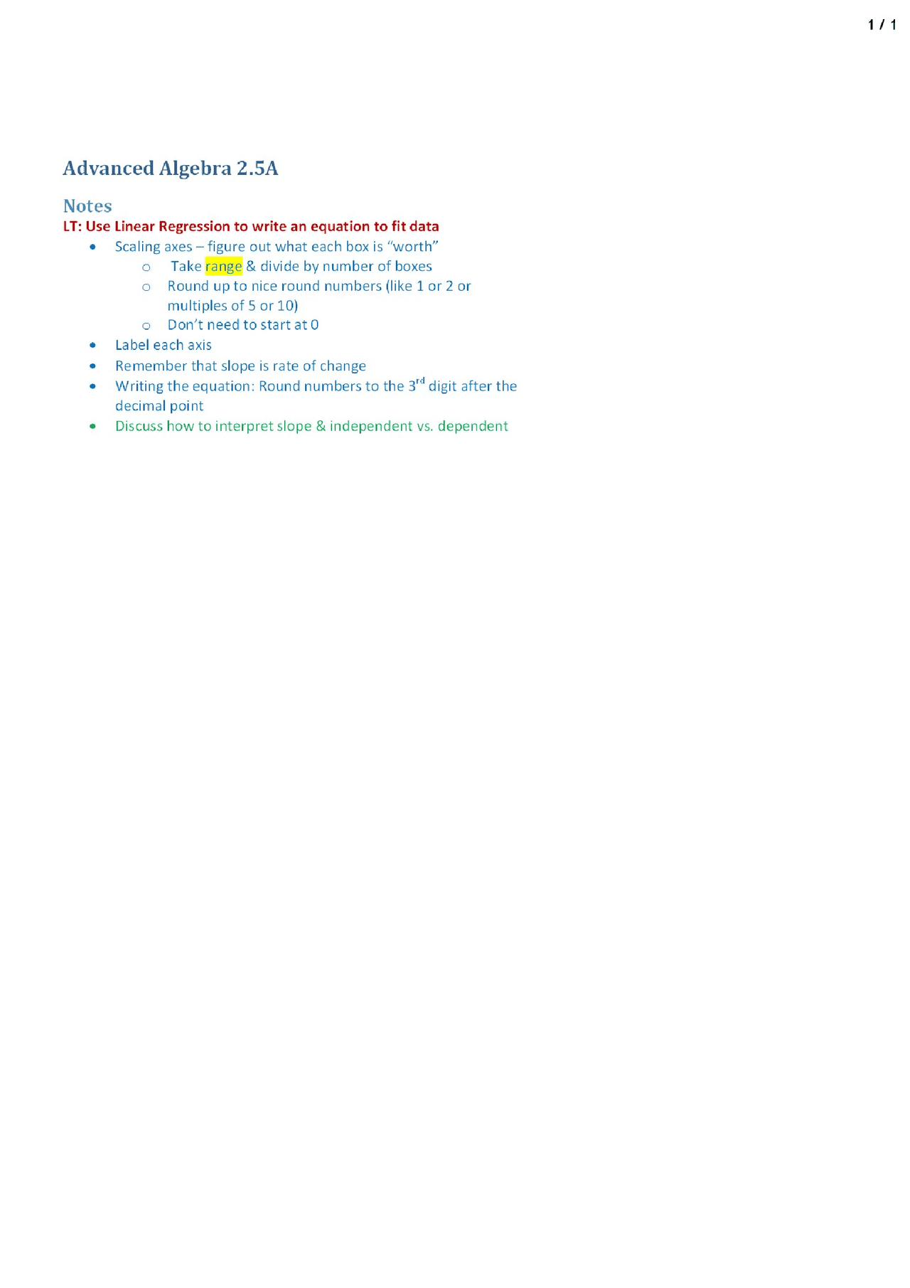 Regression Advanced Algebra Lecture Handout Docsity