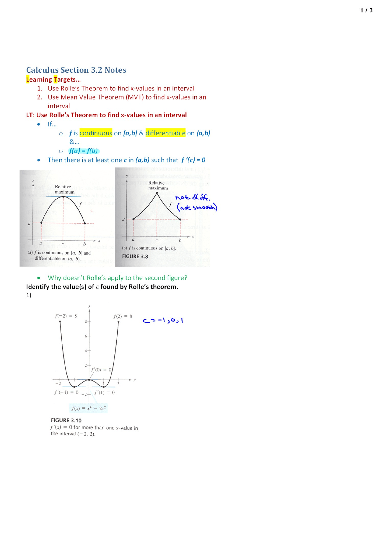 Rolle Theorem Ap Calculus Lecture Notes Docsity