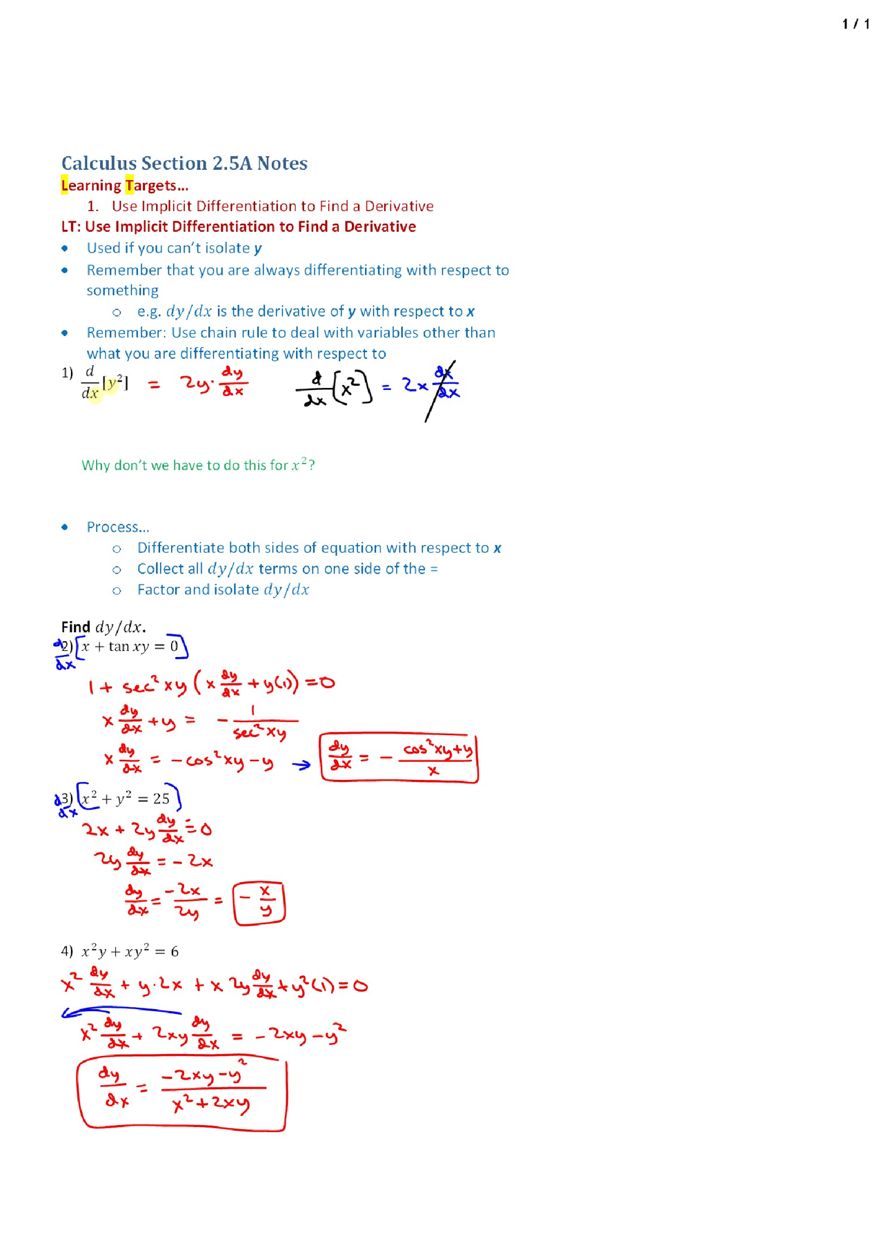 Implicit Method Ap Calculus Lecture Notes Docsity