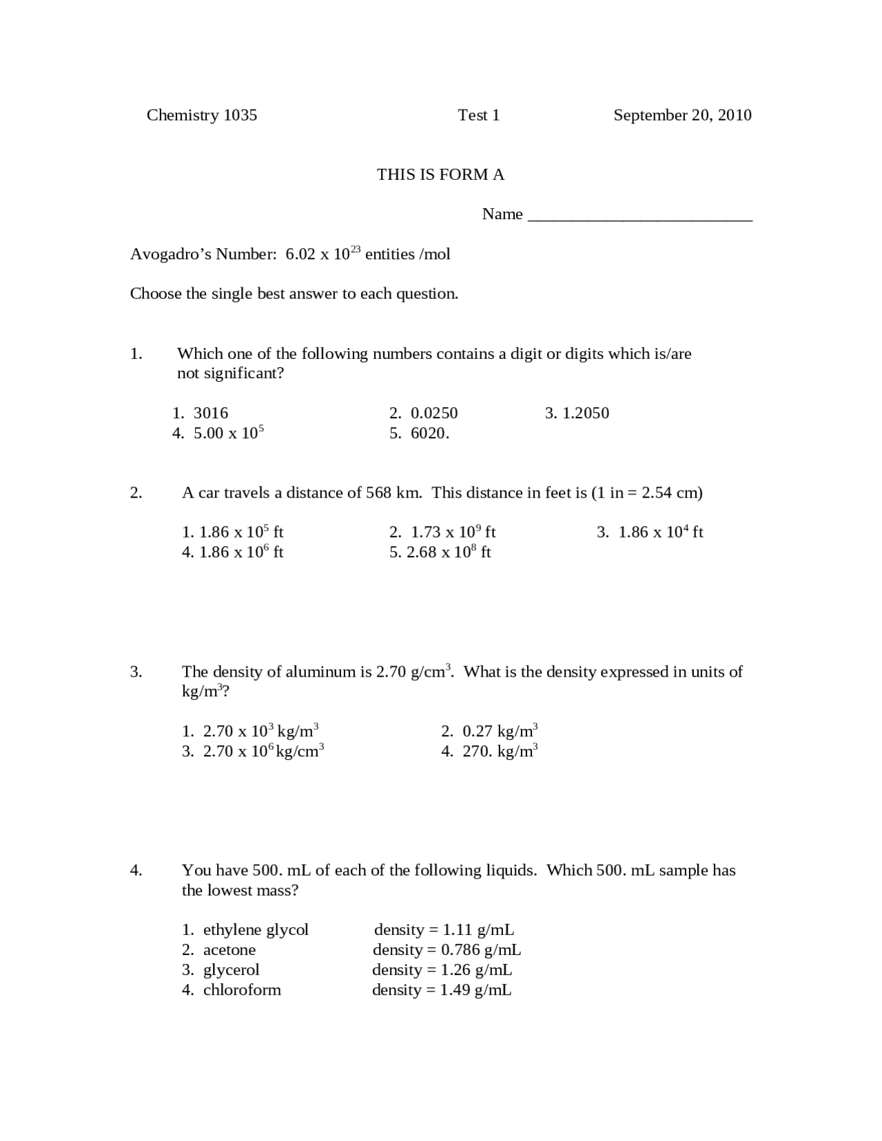 Test 1a General Chemistry Chem 1036 Docsity