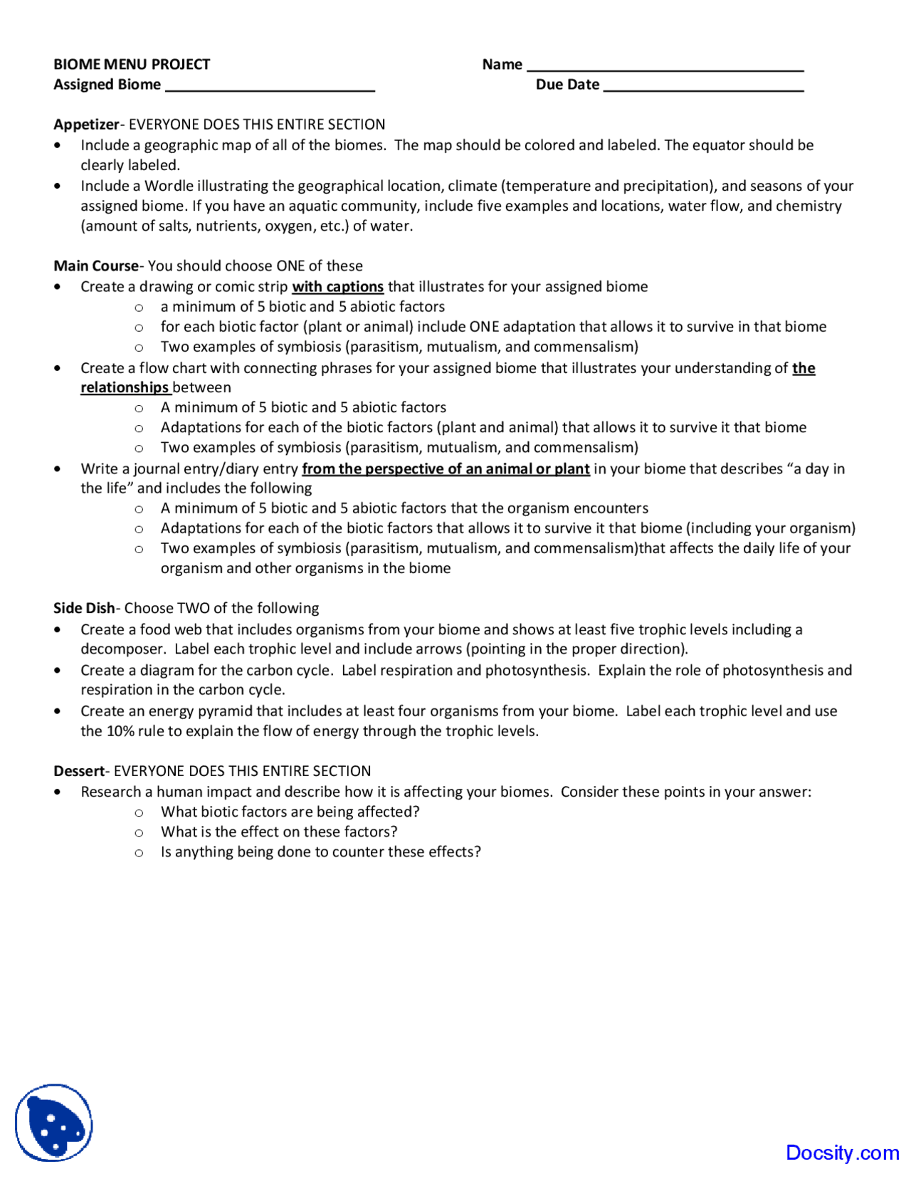 Biome Menu Project Application Of Biology Assignment Exercises