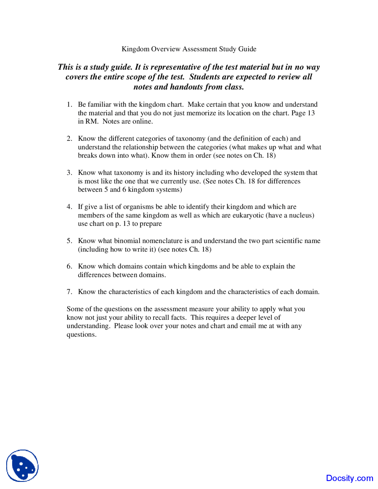 Kingdom Application Of Biology Lecture Notes Docsity