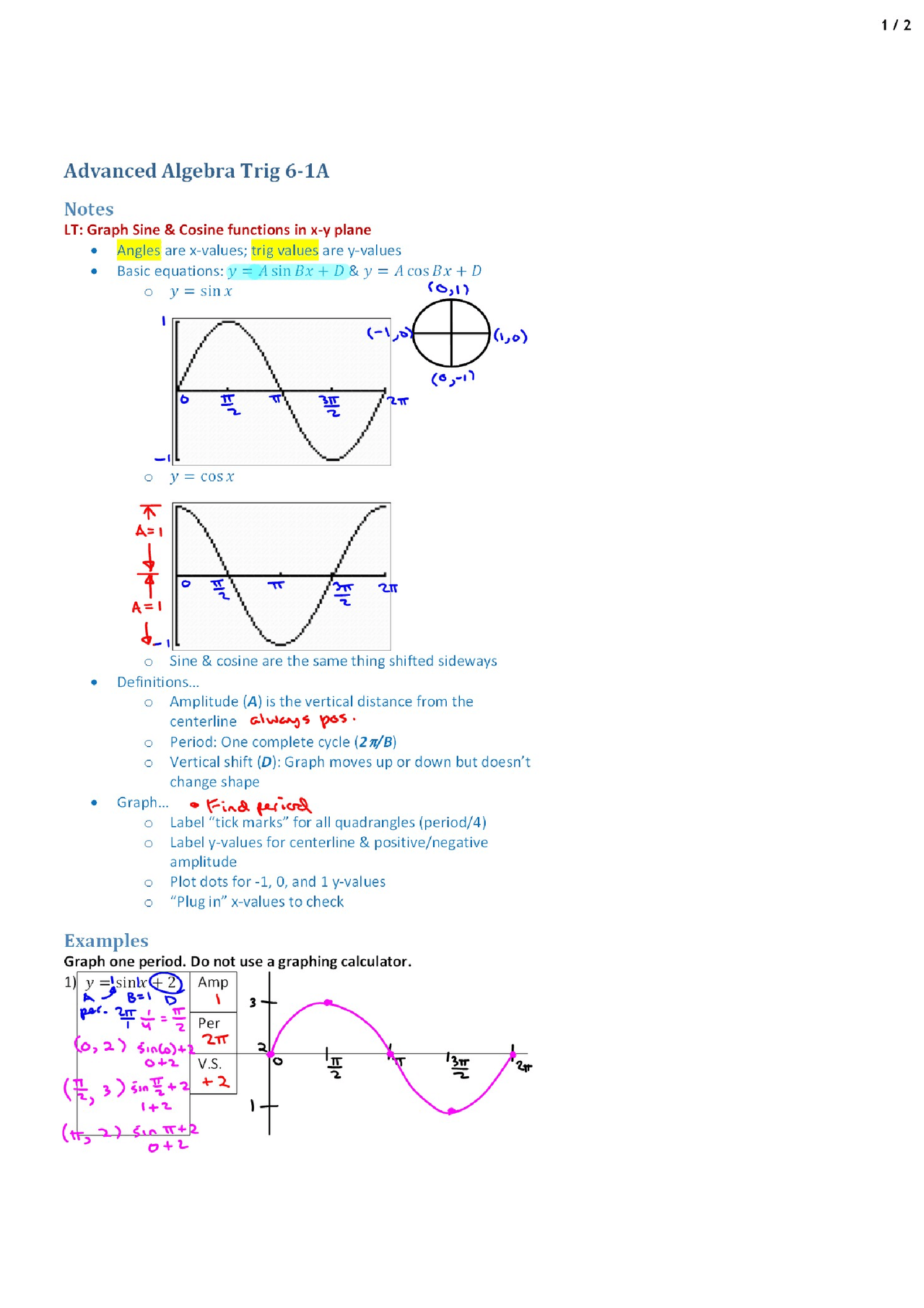 Cosine In Planes Trignometry Lecture Notes Docsity
