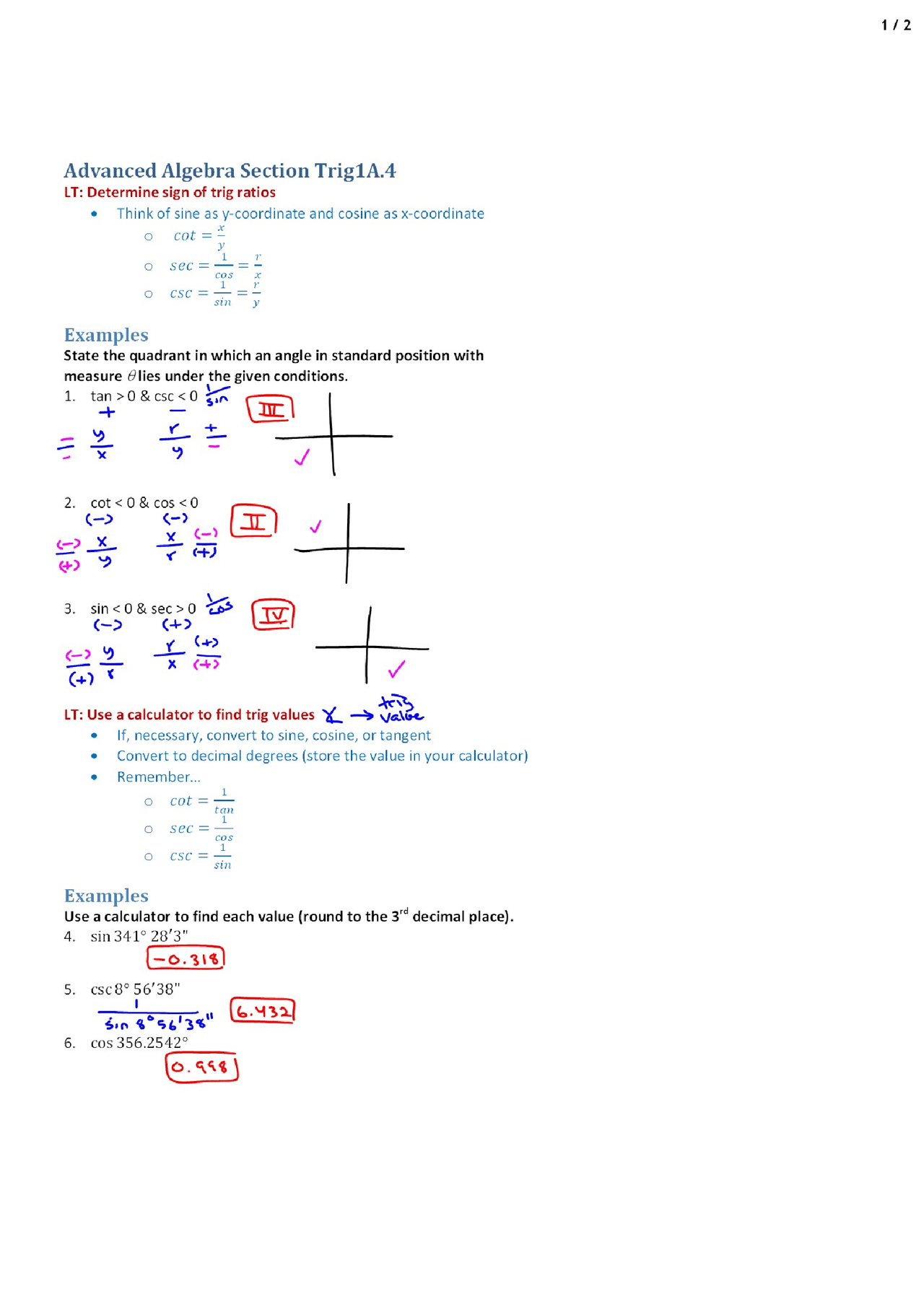 Sign Of Trignometric Ratios Trignometry Lecture Notes Docsity
