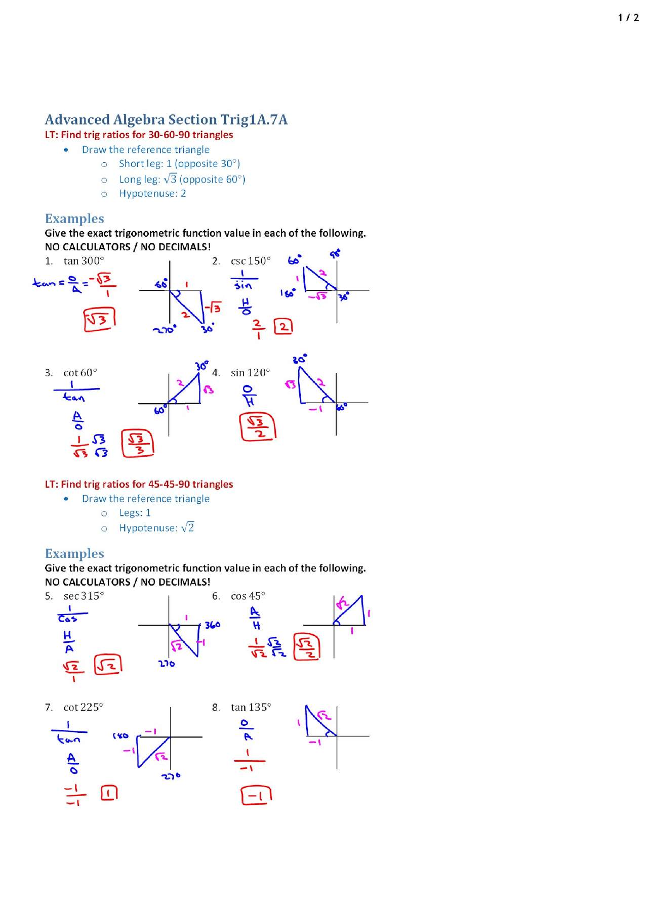 Trig Ratios Evaluation Trignometry Lecture Notes Docsity