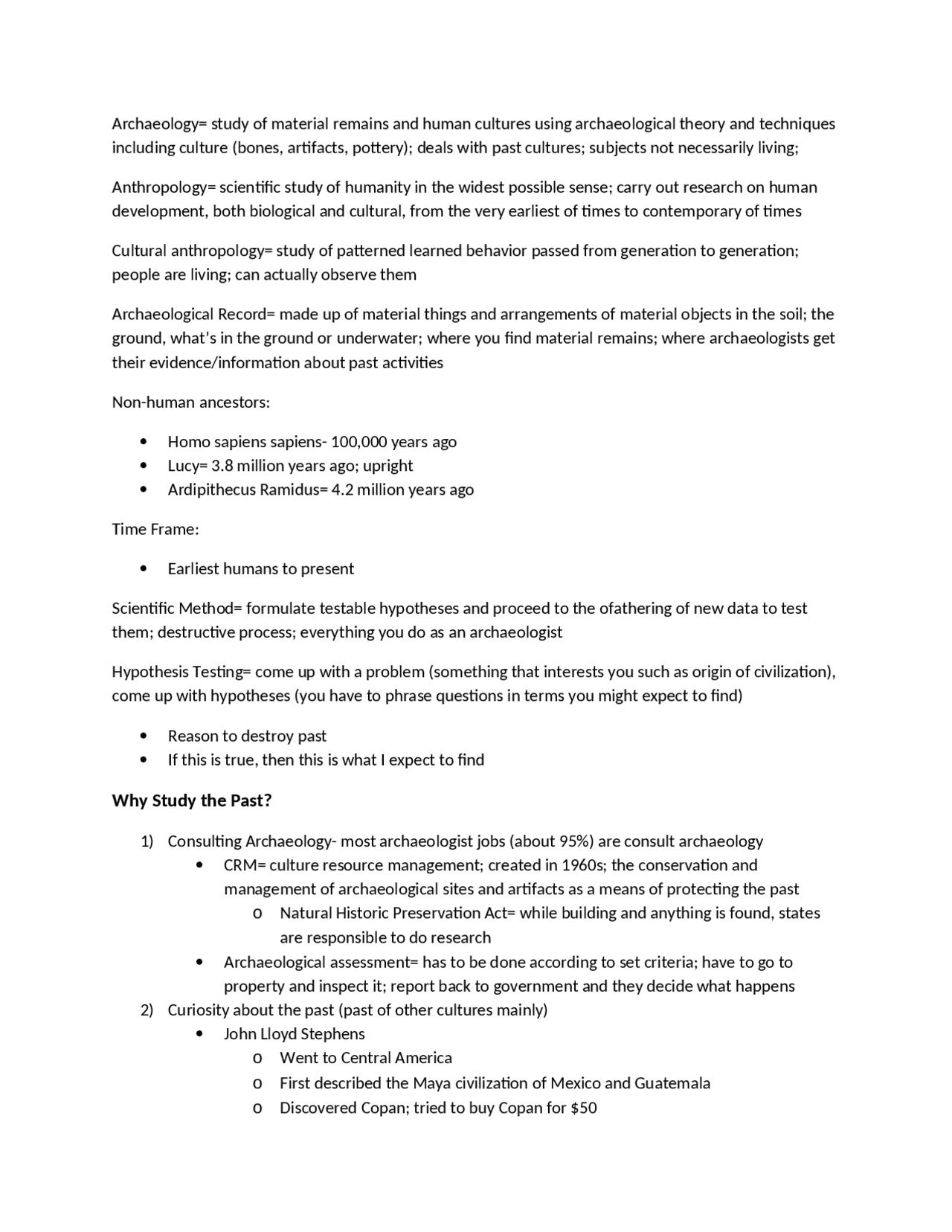Introduction To Archaeology Notes For Exam 1 Anth 2015 Docsity
