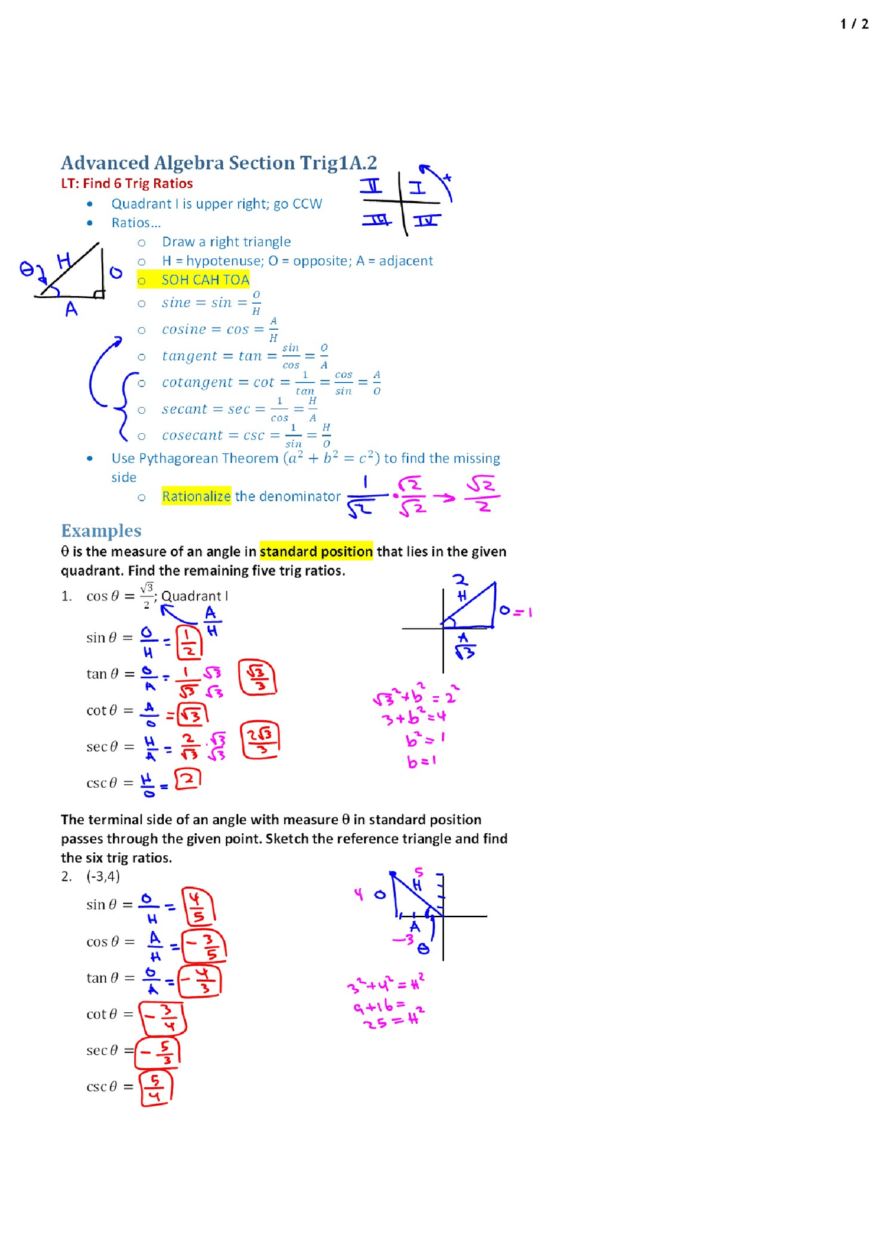 Six Ratios Trignometry Lecture Notes Docsity