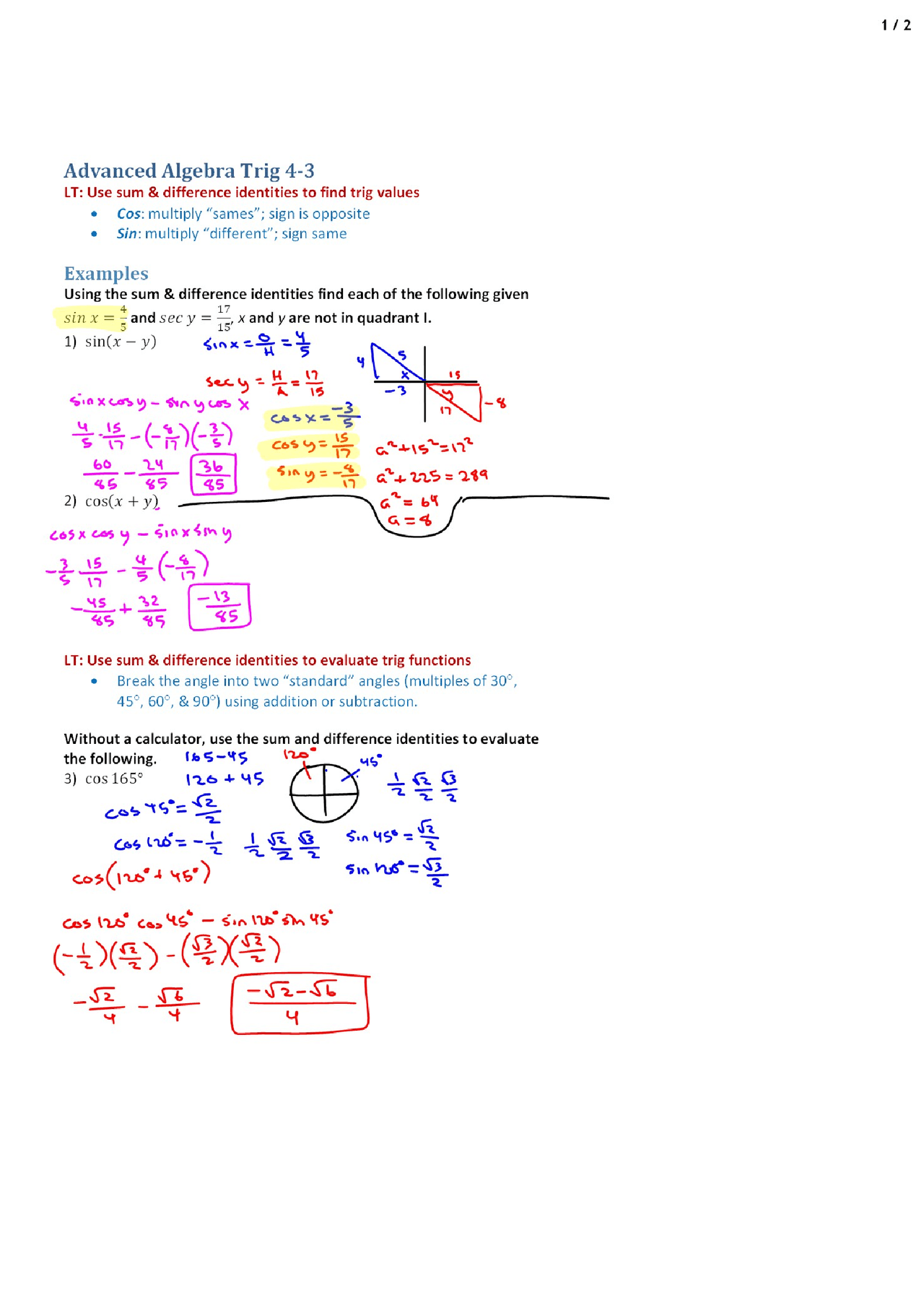 Finding Trig Values Trignometry Lecture Notes Docsity