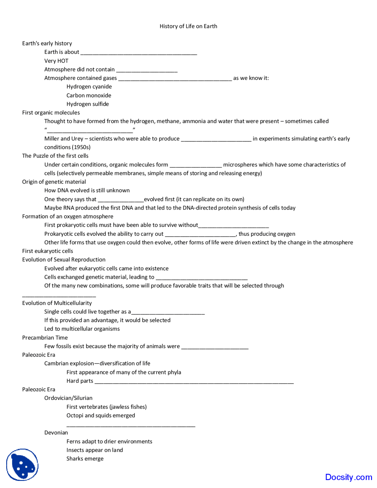 History Of Life On Earthnotes Application Of Biology Lecture Notes