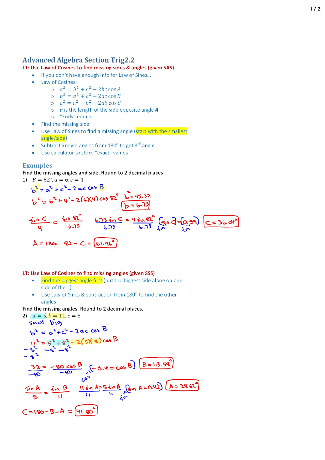 Law Of Cosines Trignometry Lecture Notes Docsity