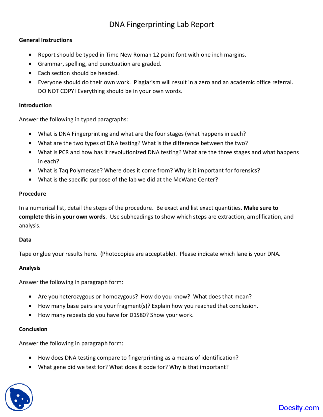 Dna Fingerprinting Lab Forensic Science Lecture Notes Docsity