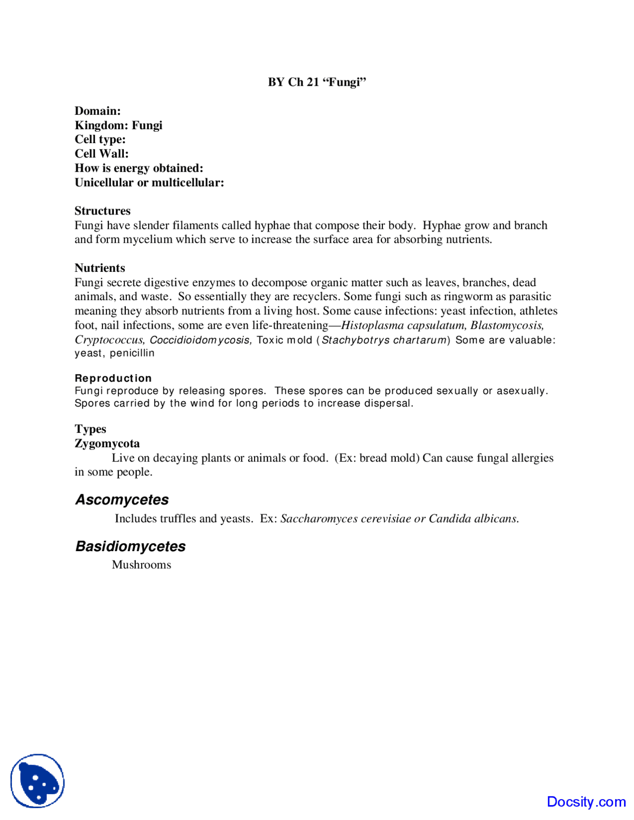 Fungi Application Of Biology Lecture Notes Docsity
