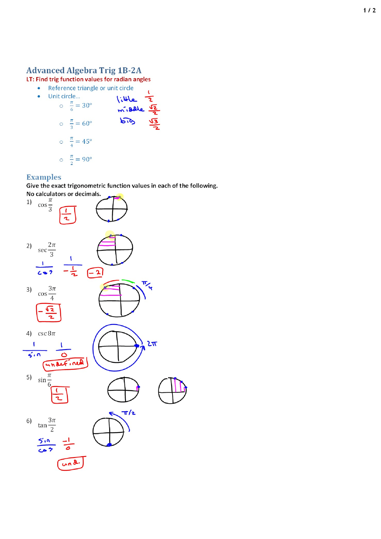 Radian Angles Trignometry Lecture Notes Docsity
