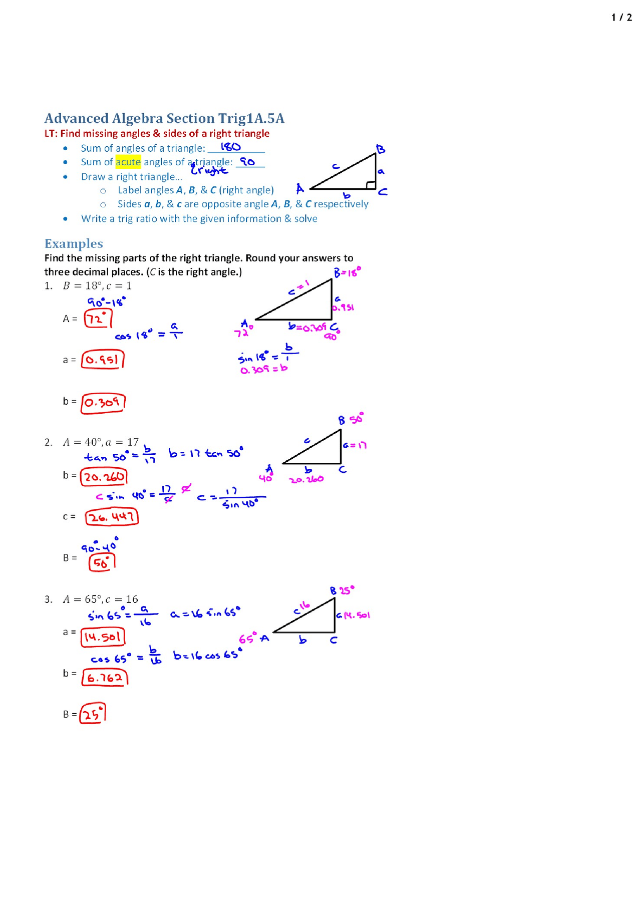 Missing Angles Trignometry Lecture Notes Docsity