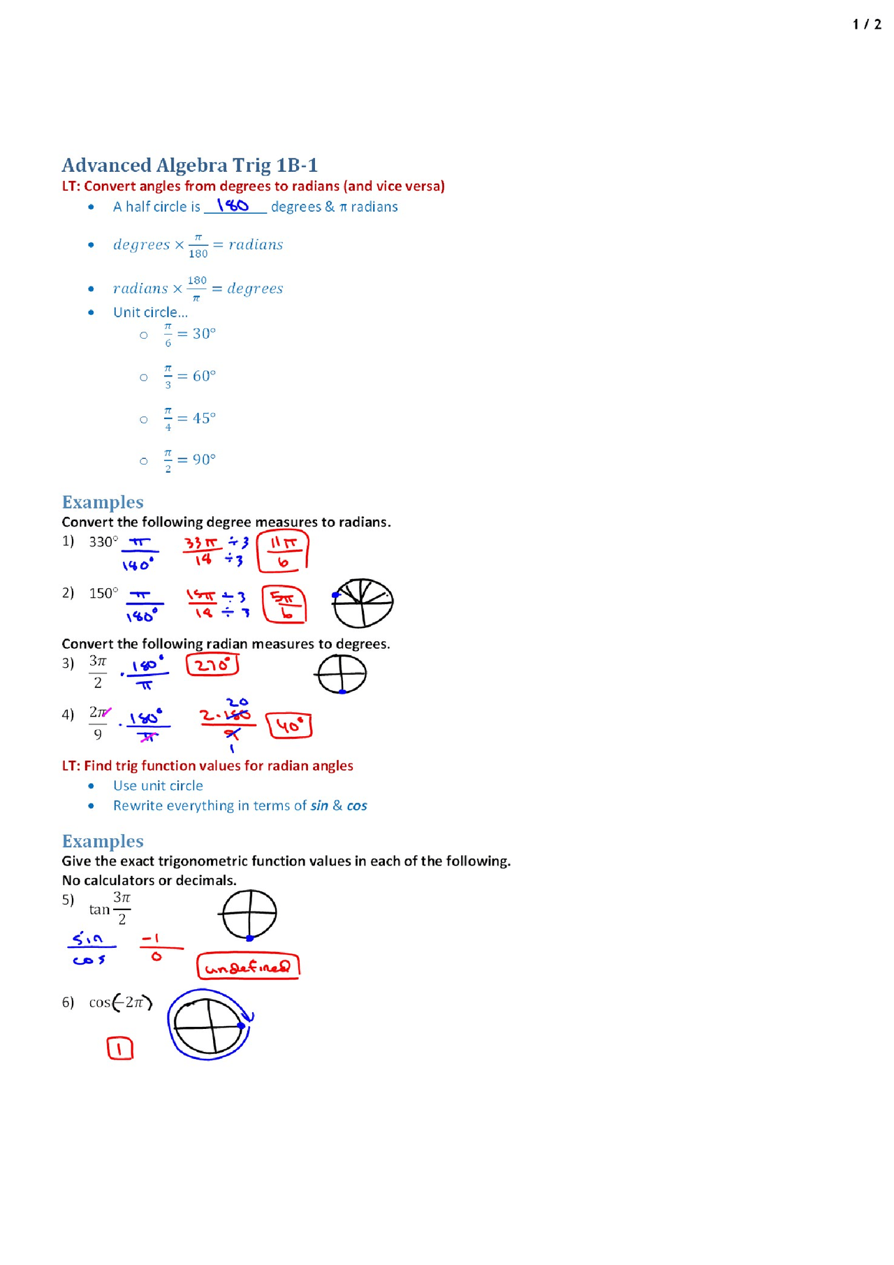 Degrees And Radians Trignometry Lecture Notes Docsity