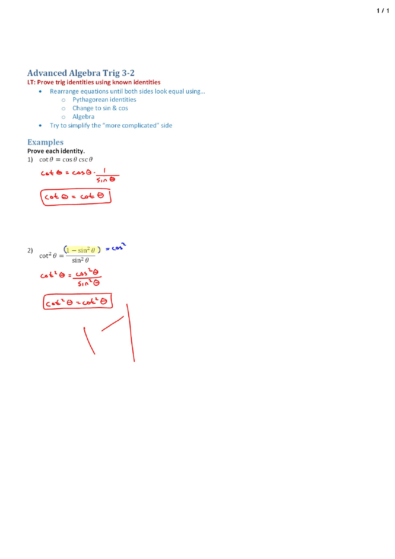 Pythagorean Identities - Trignometry - Lecture Notes - Docsity