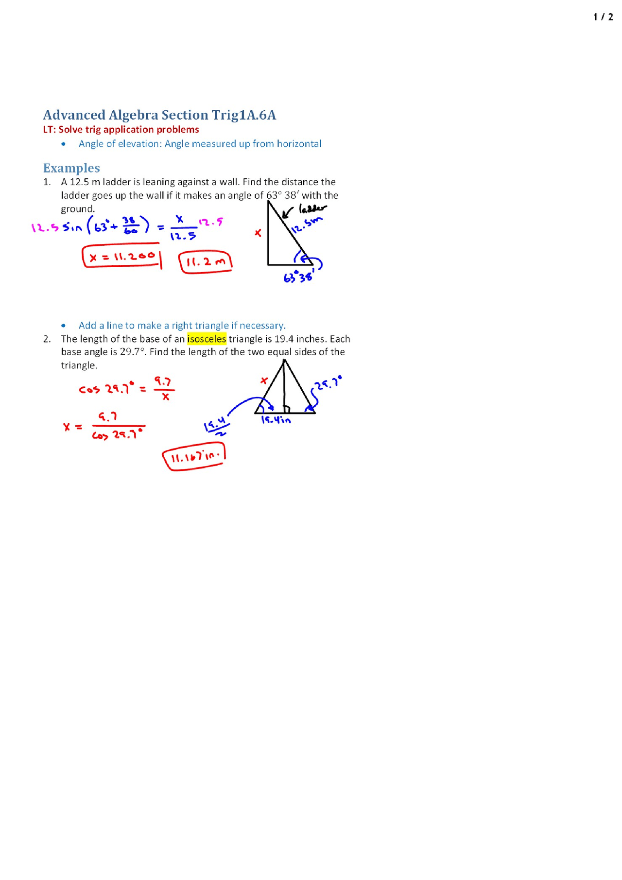 Trig Application Trignometry Lecture Notes Docsity