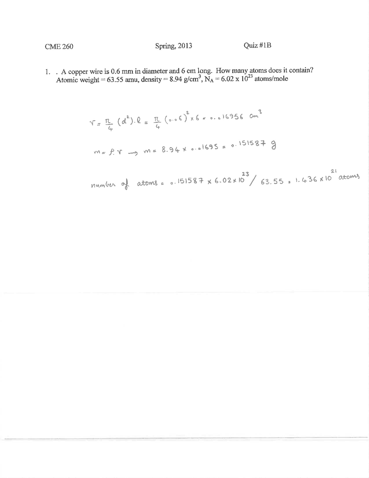 Quiz 1b With Resolution Properties Of Materials Cme 260 Docsity