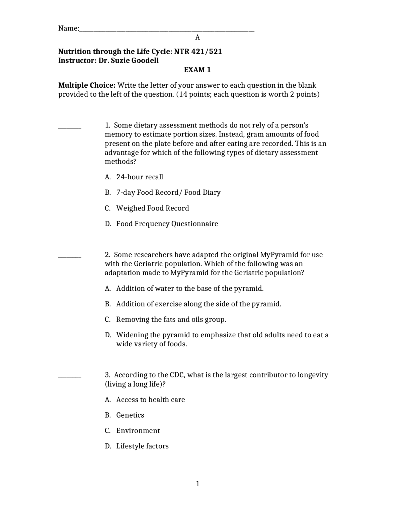 Exam 1 For Life Cycle Nutrition Ntr 421 Docsity