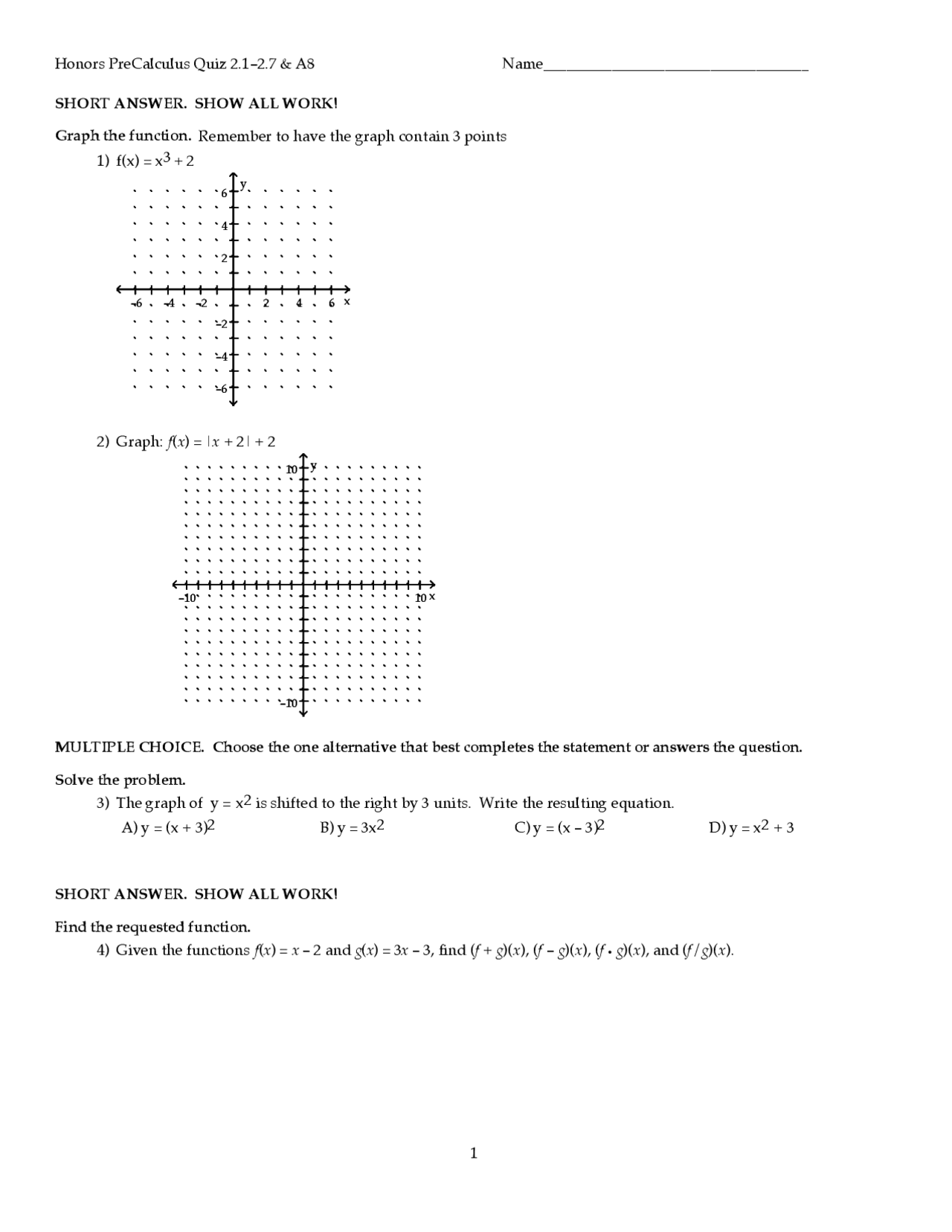 Graph With Three Points Pre Calculus Quiz Docsity