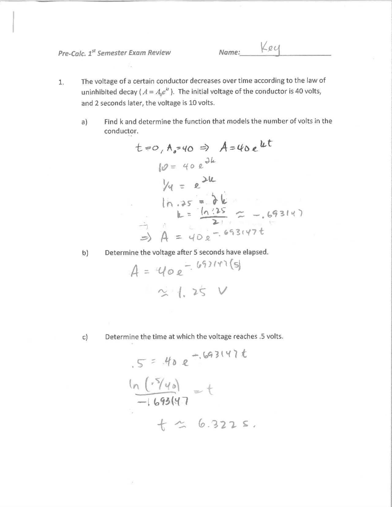 Conductor Voltage Pre Calculus Solved Exam Docsity