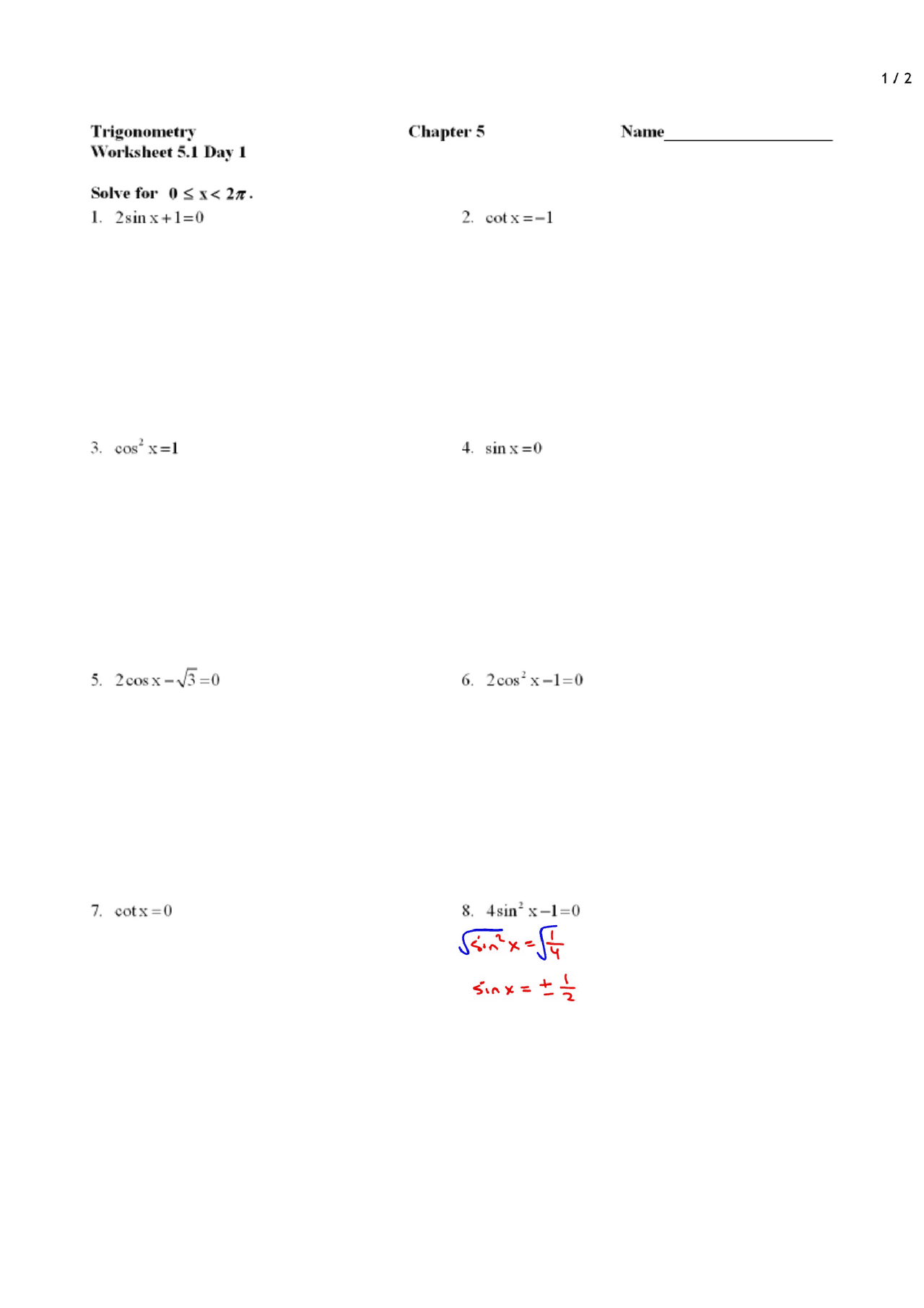 Sine Square Trignometry Practice Problems Docsity