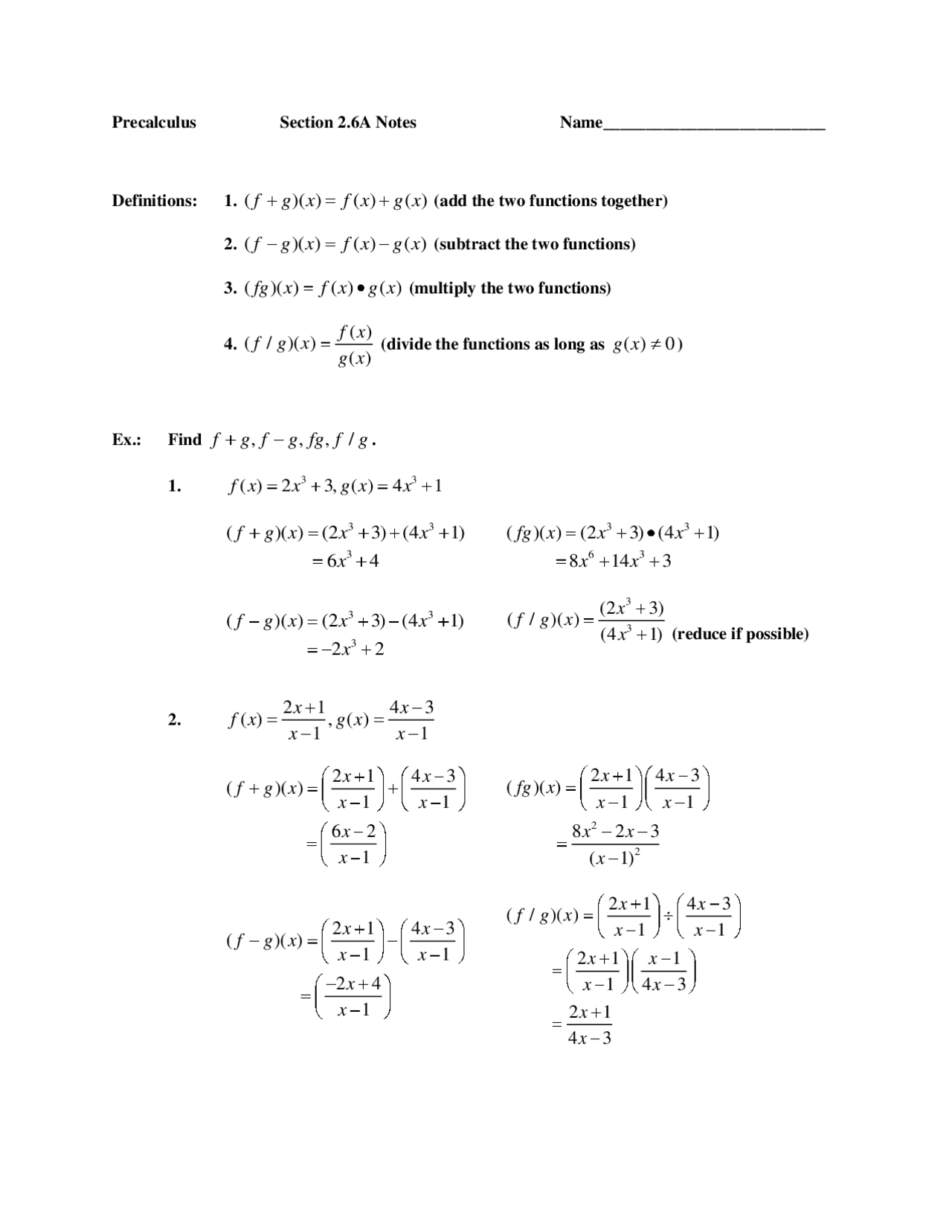 Two Functions Together Pre Calculus Lecture Handout Docsity