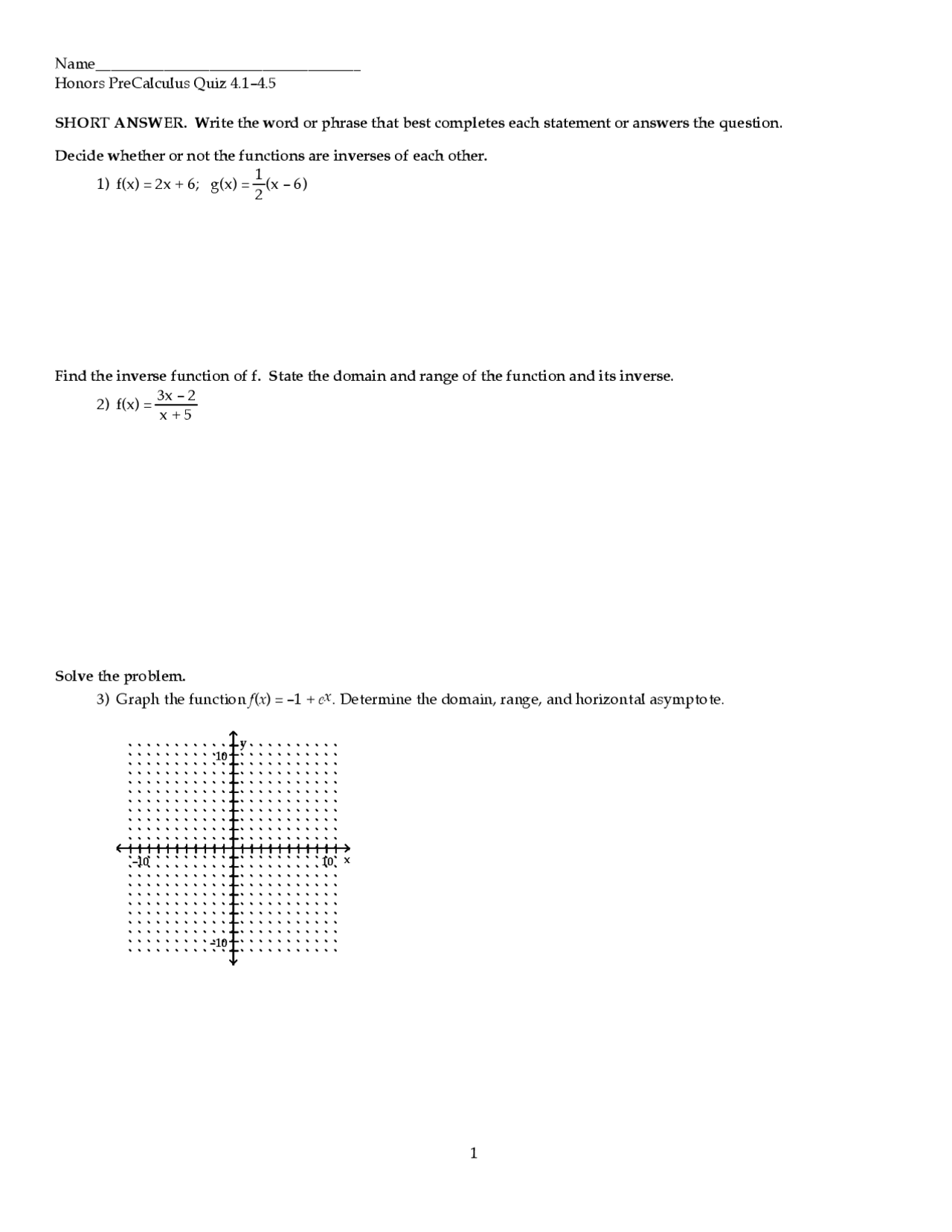 Evaluating The Inverse Pre Calculus Quiz Docsity